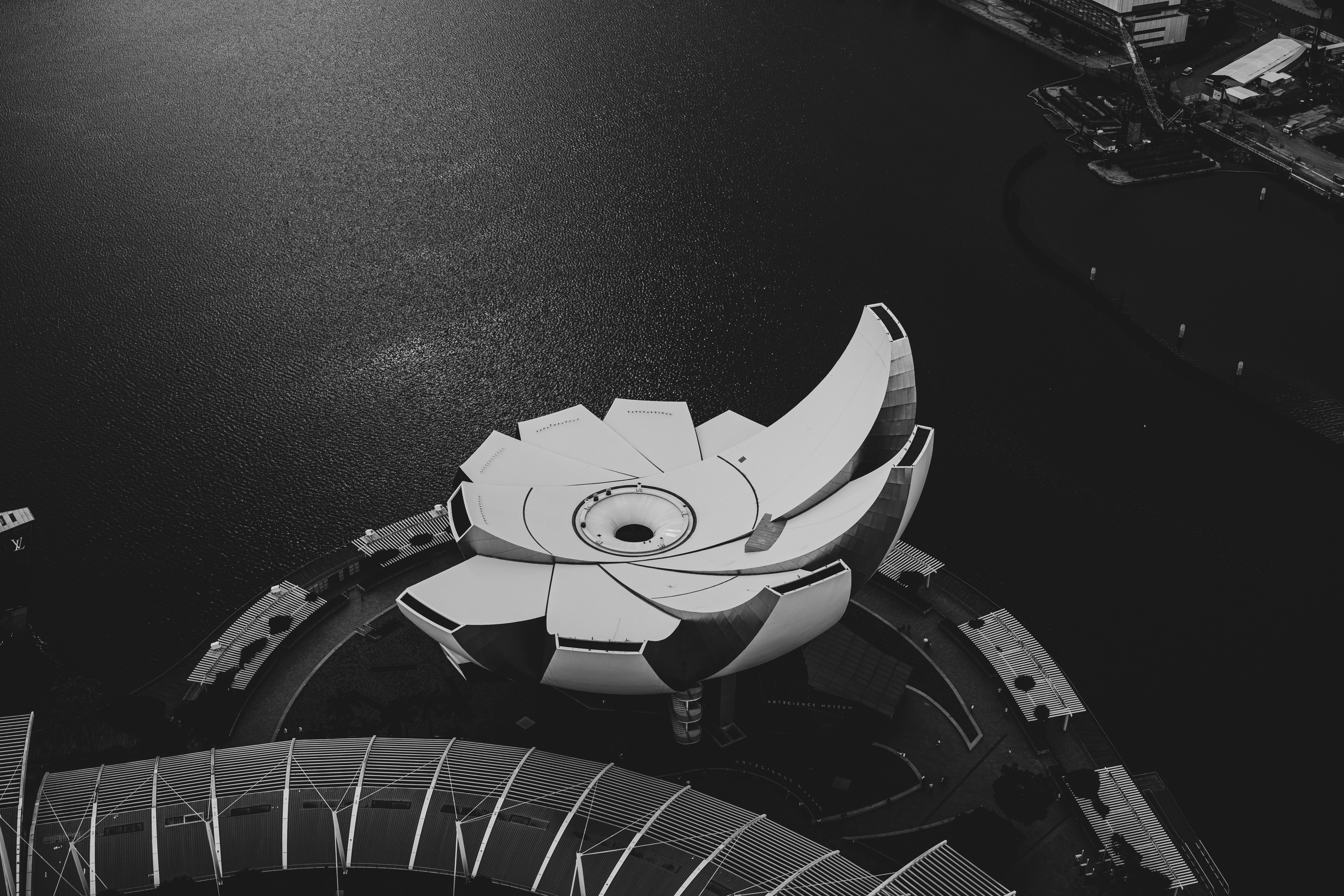 The science thing in Marina Bay, taken from MBS. | A black and white photo of a flower on top of a building