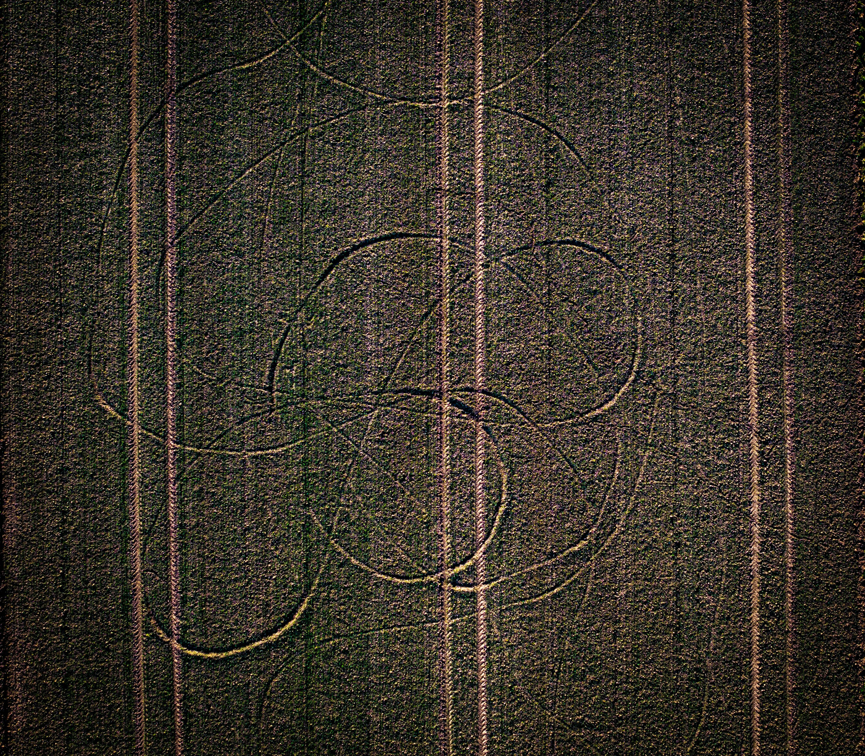 Aerial view of farmland with intricate crop circles intersecting traditional field lines.