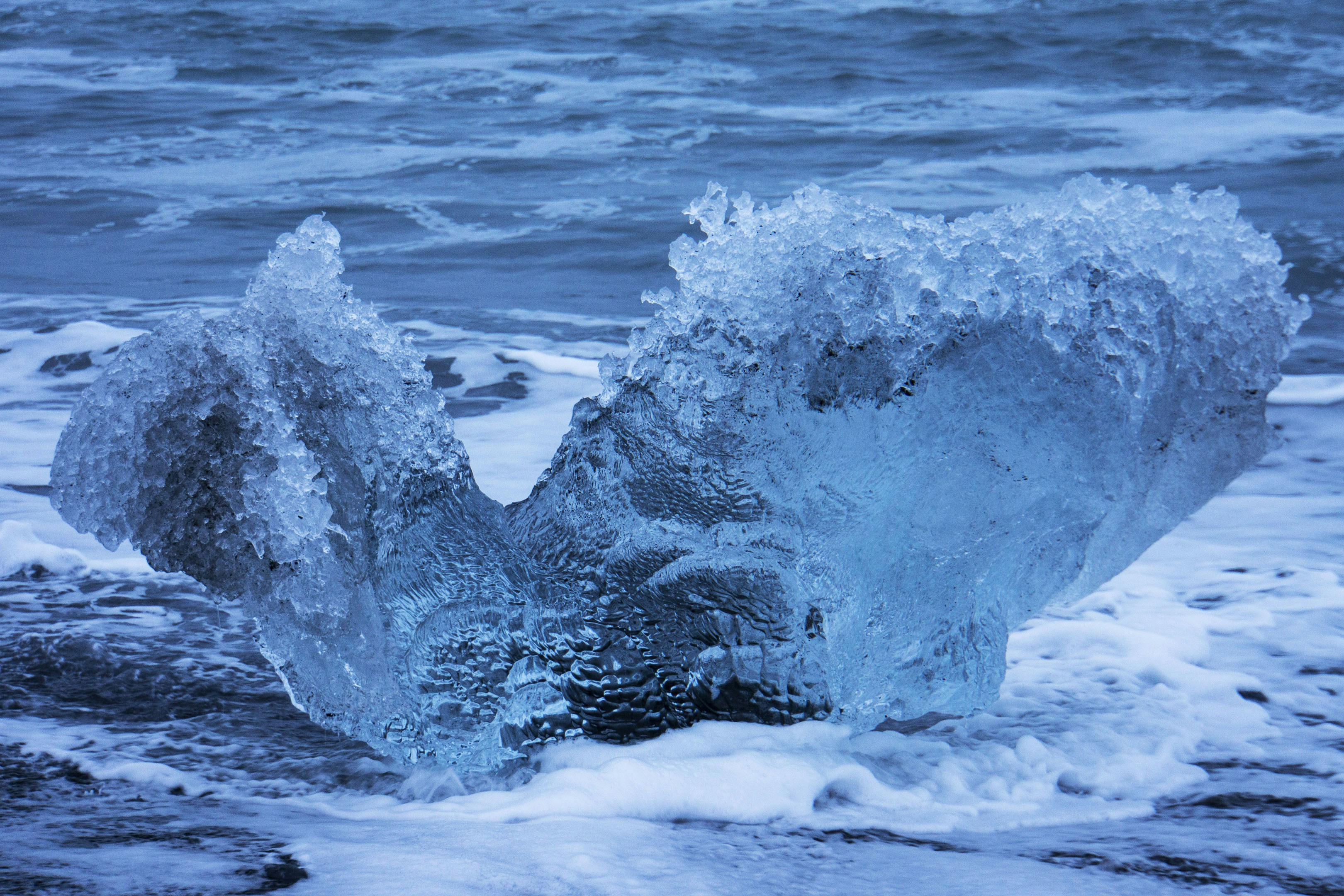 Blue iceberg fragment surrounded by foamy ocean waves.
