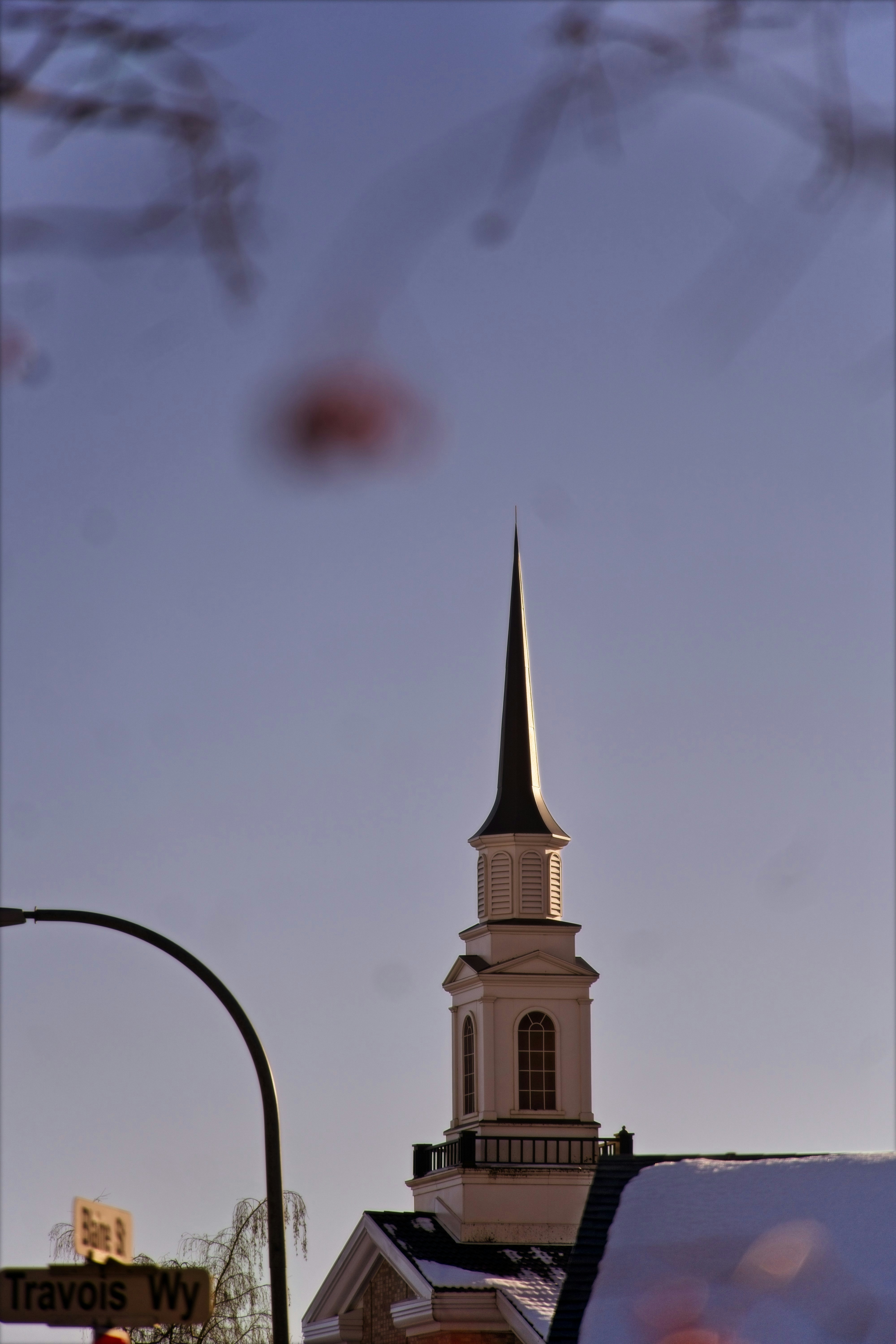 Winter Spire Over a Quiet Town at Dusk