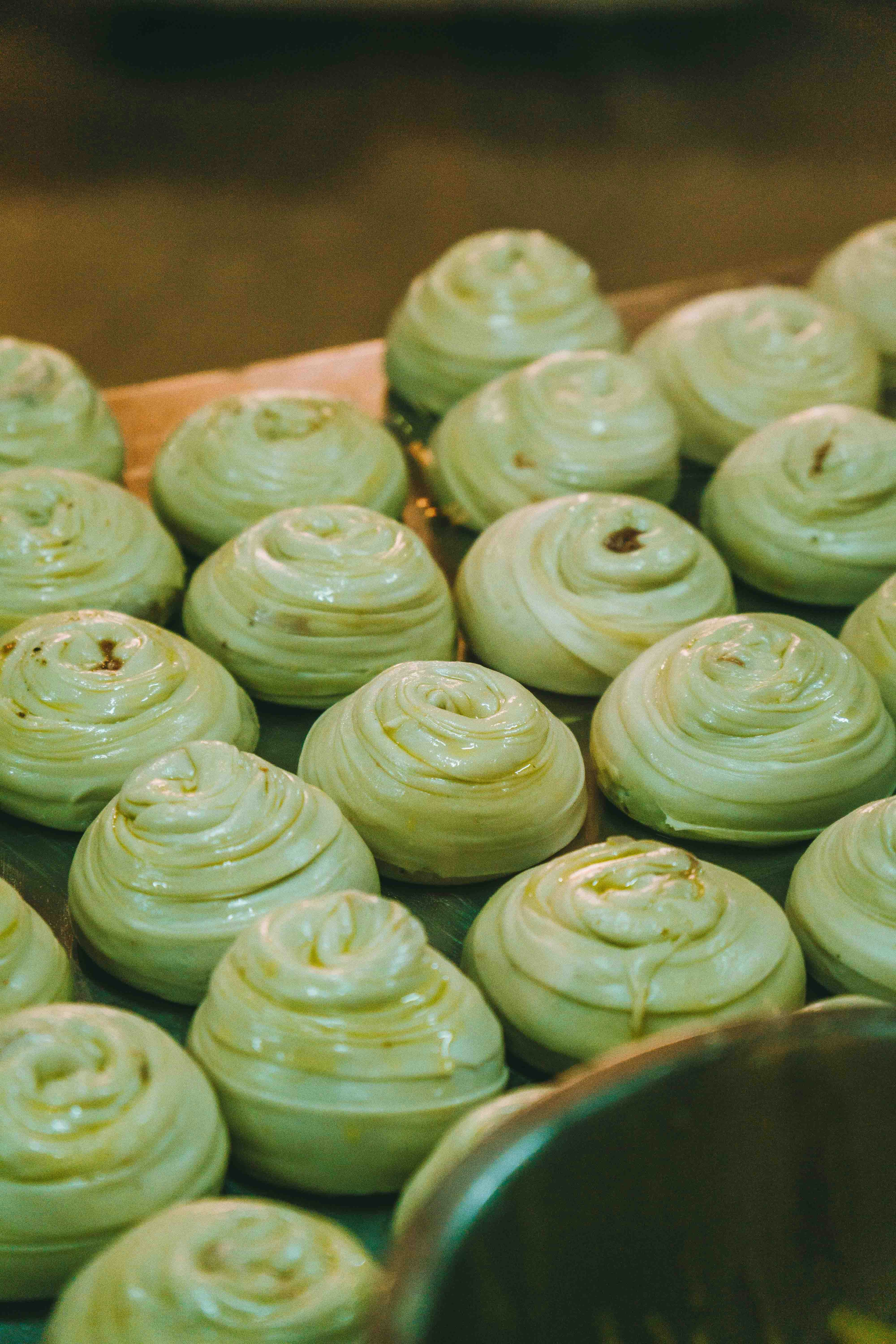 Mint Swirl Pastries on a Tray: A Close-Up Bakery Study