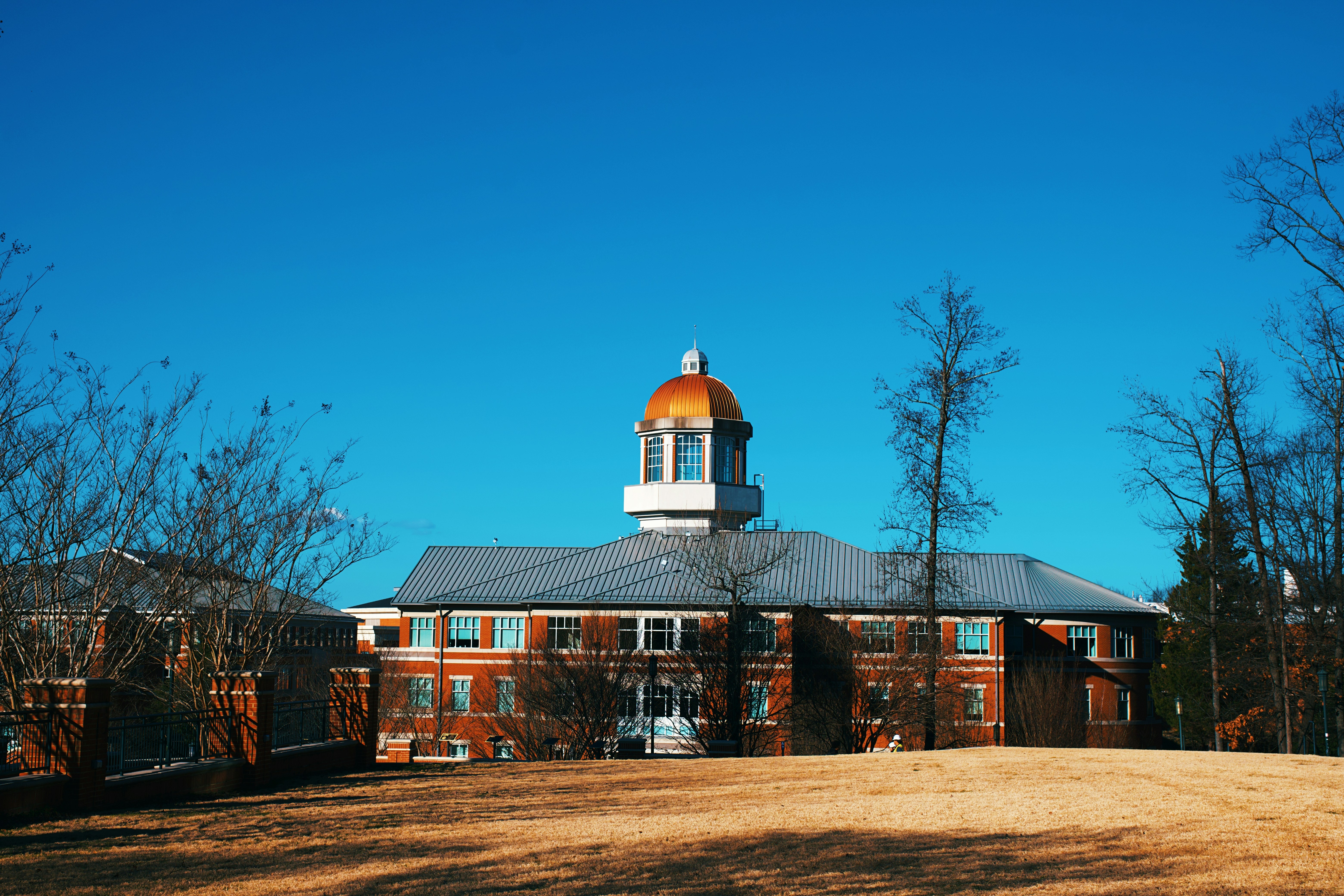 Campus building standing out proudly under a deep blue sky and flanked by bare, skeletal winter trees.