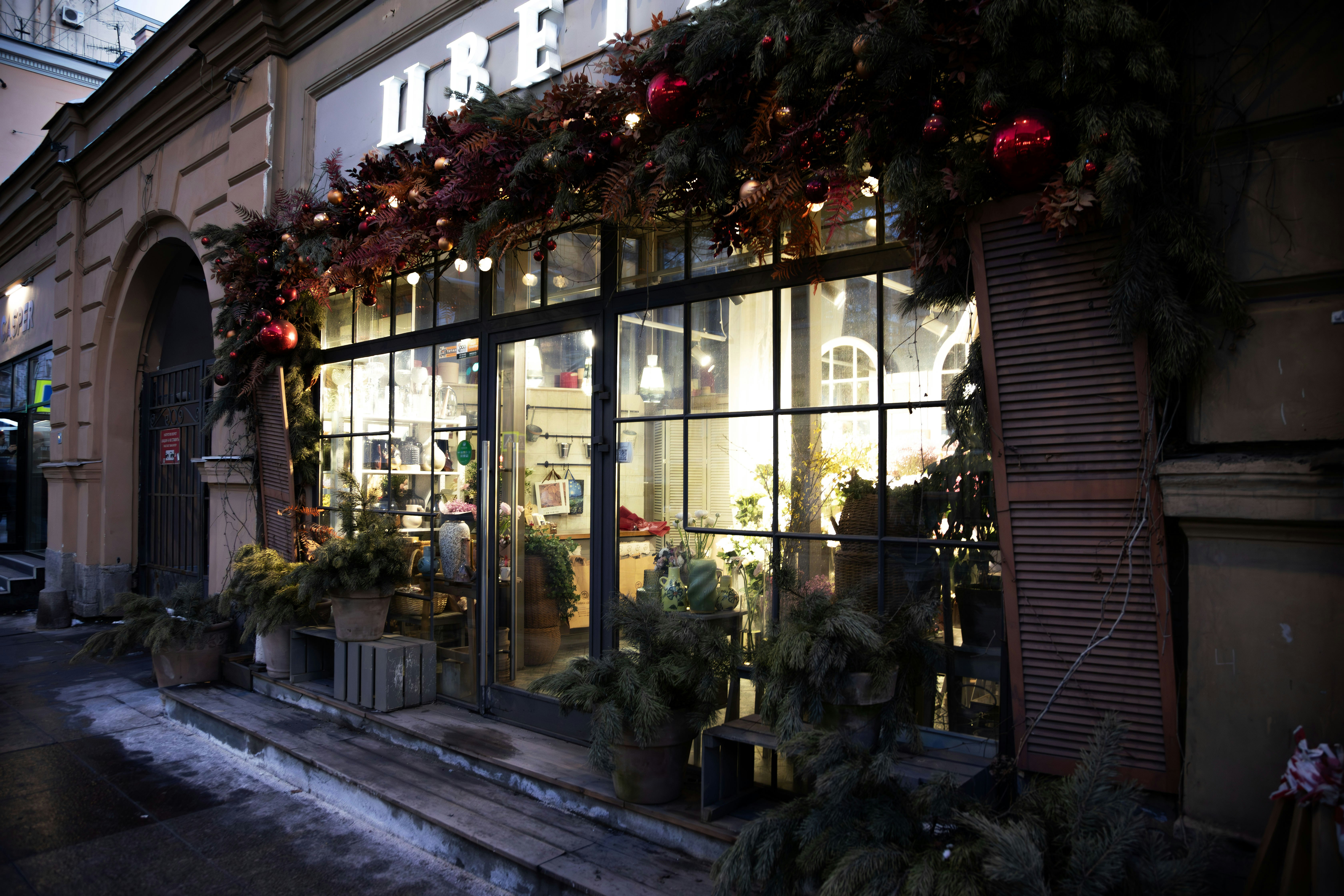 Holiday Glow Through a Glass-Front Boutique