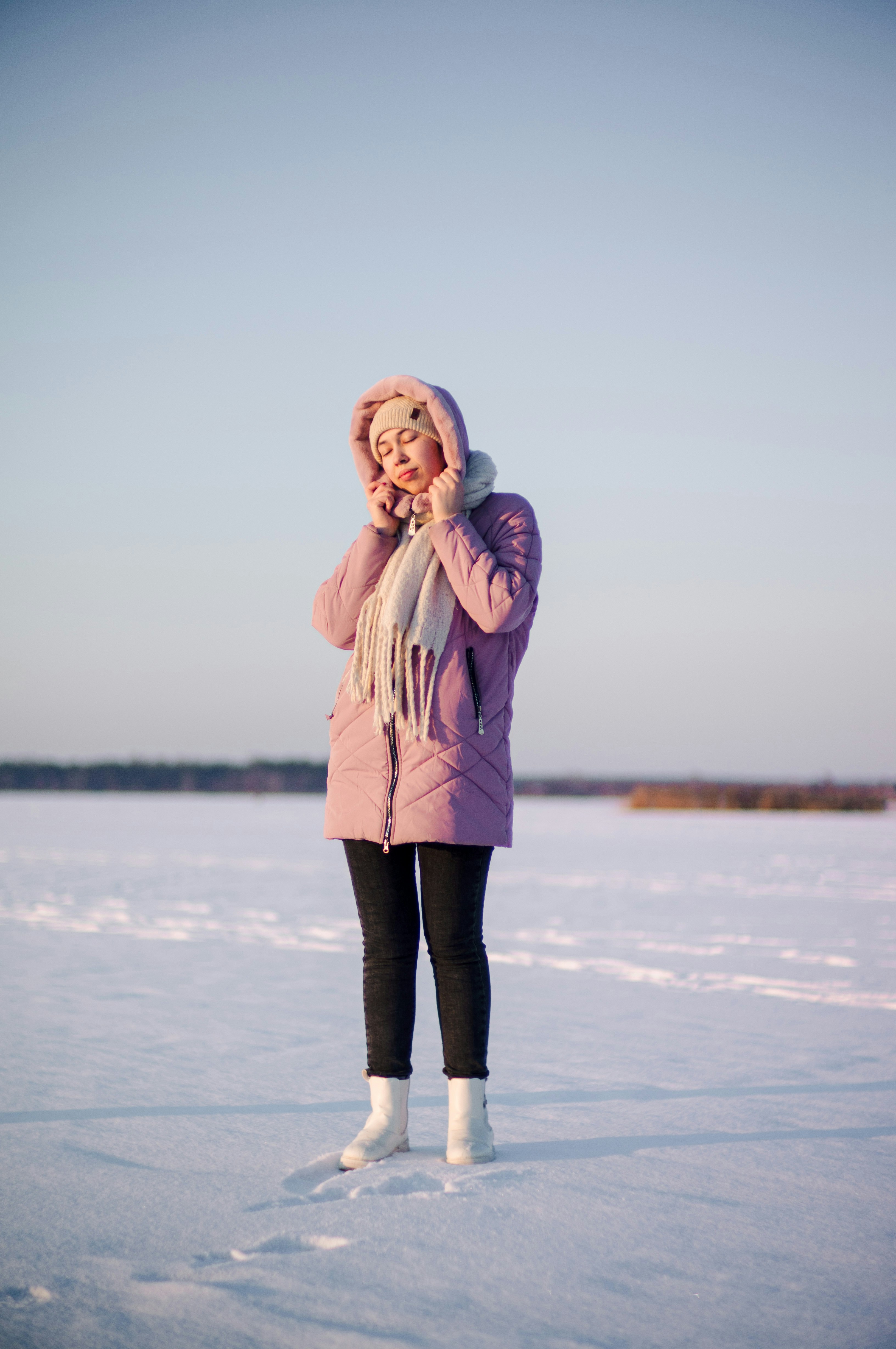 Rosy Parka in the Quiet Snowfield at Golden Hour