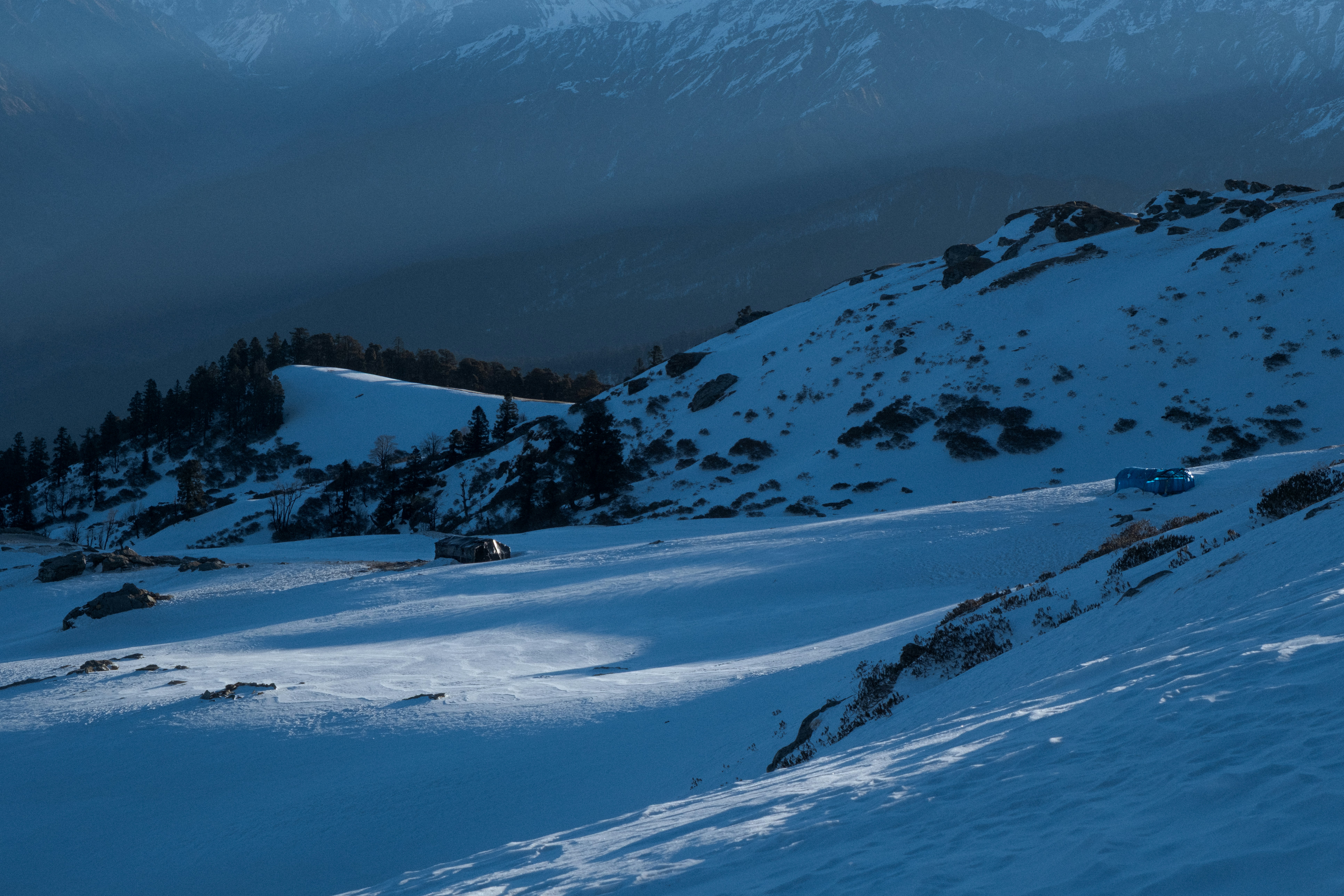 Snow-covered hills with scattered trees under soft morning light and distant mountain peaks.