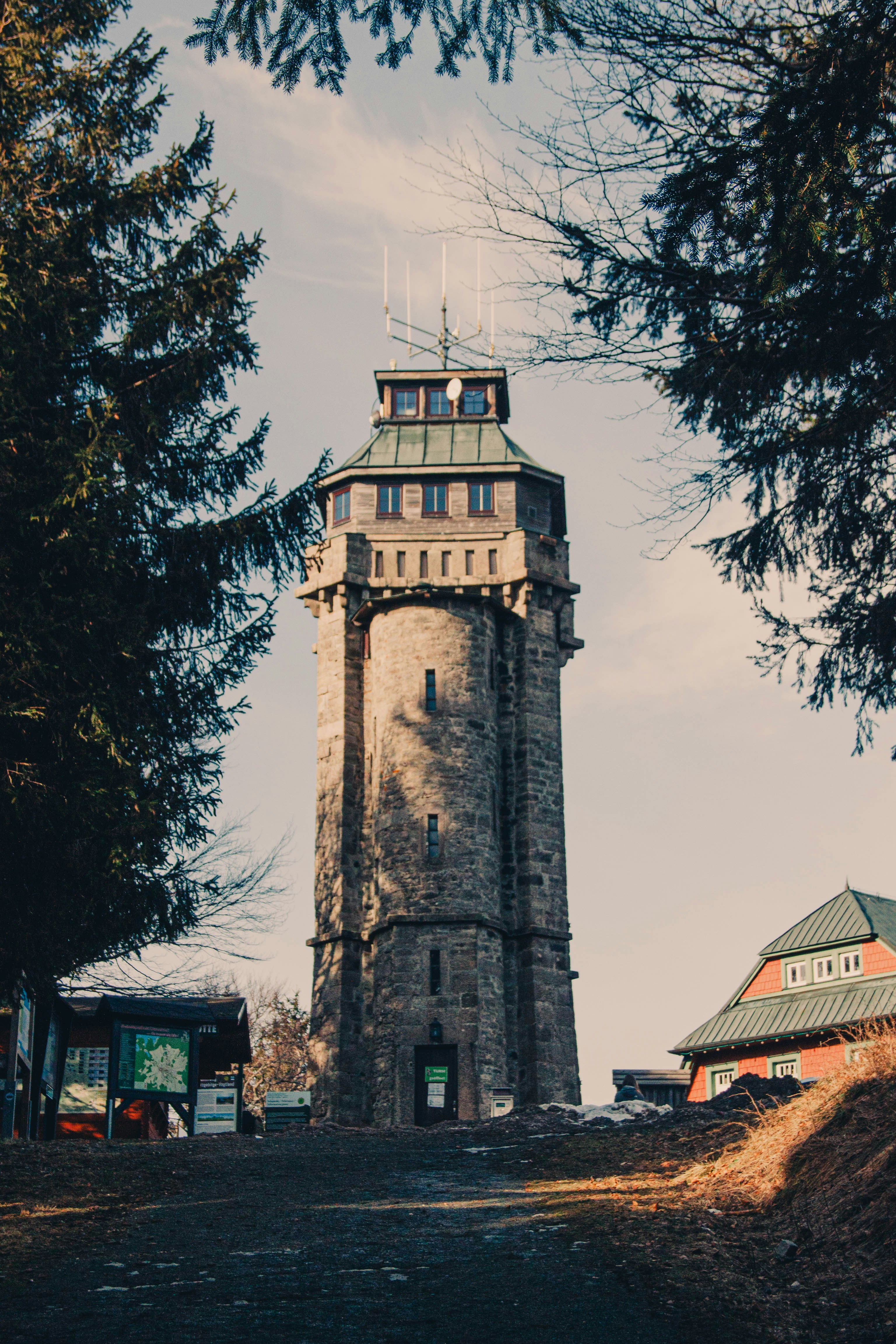Stone Sentinel in Winter Light: A Tower Rising Through Evergreen Pines