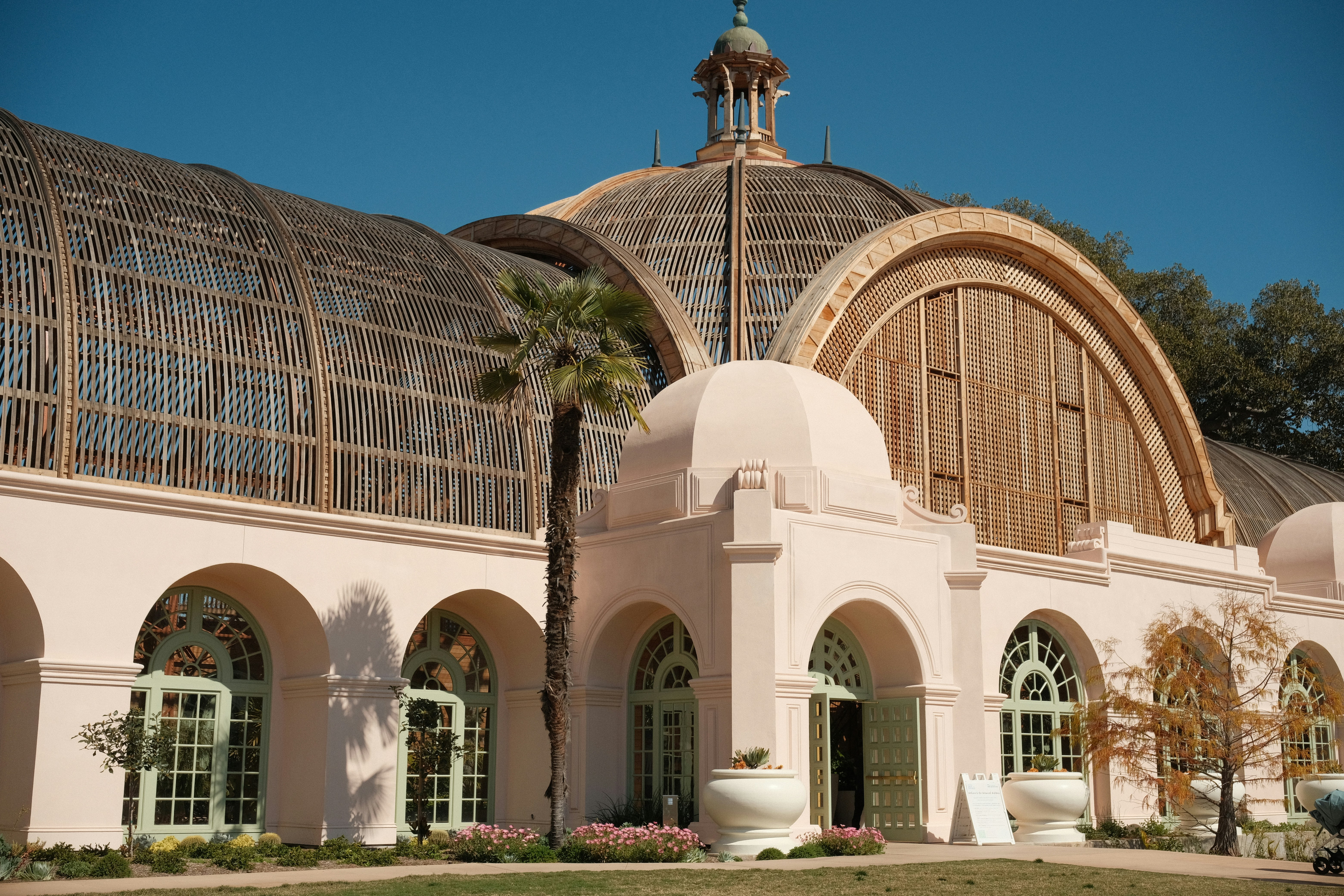 Arcade of Glass: Palm-Framed Conservatory Under a Cerulean Sky