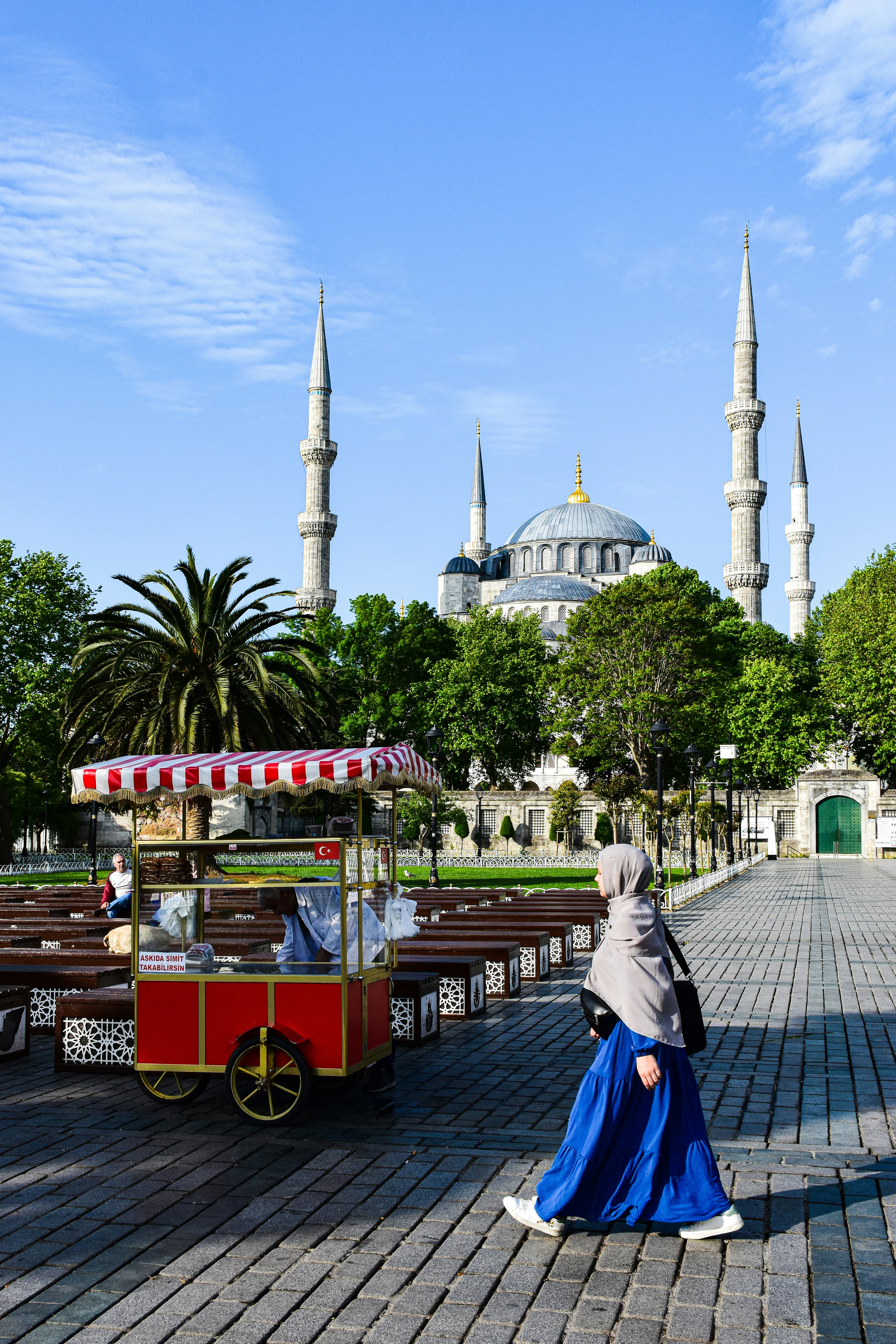 A woman walking down a street past a food cart photo – Free İstanbul ...