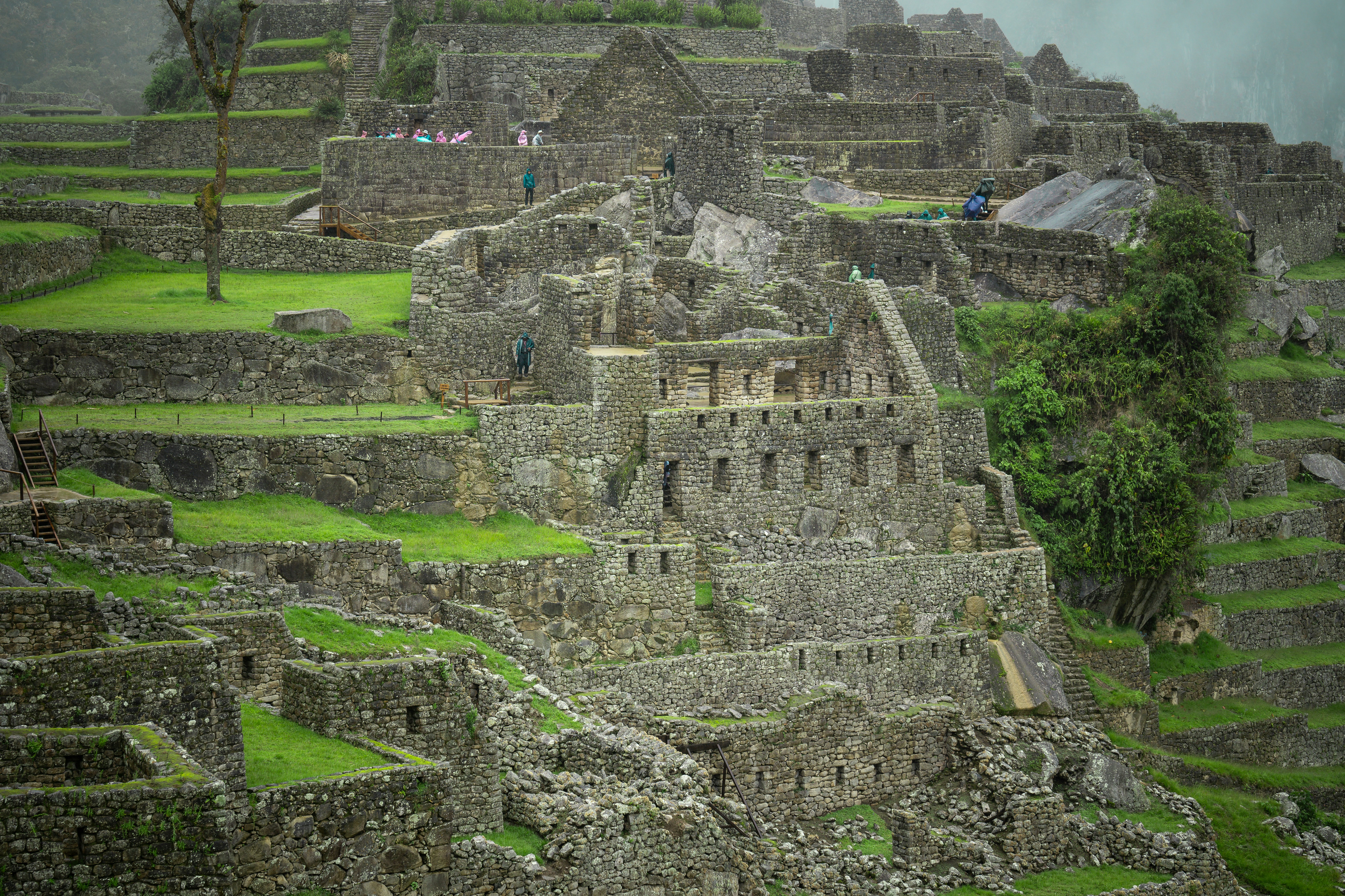 Mist over the Inca Terraces: Weathered Stones and Wandering Visitors