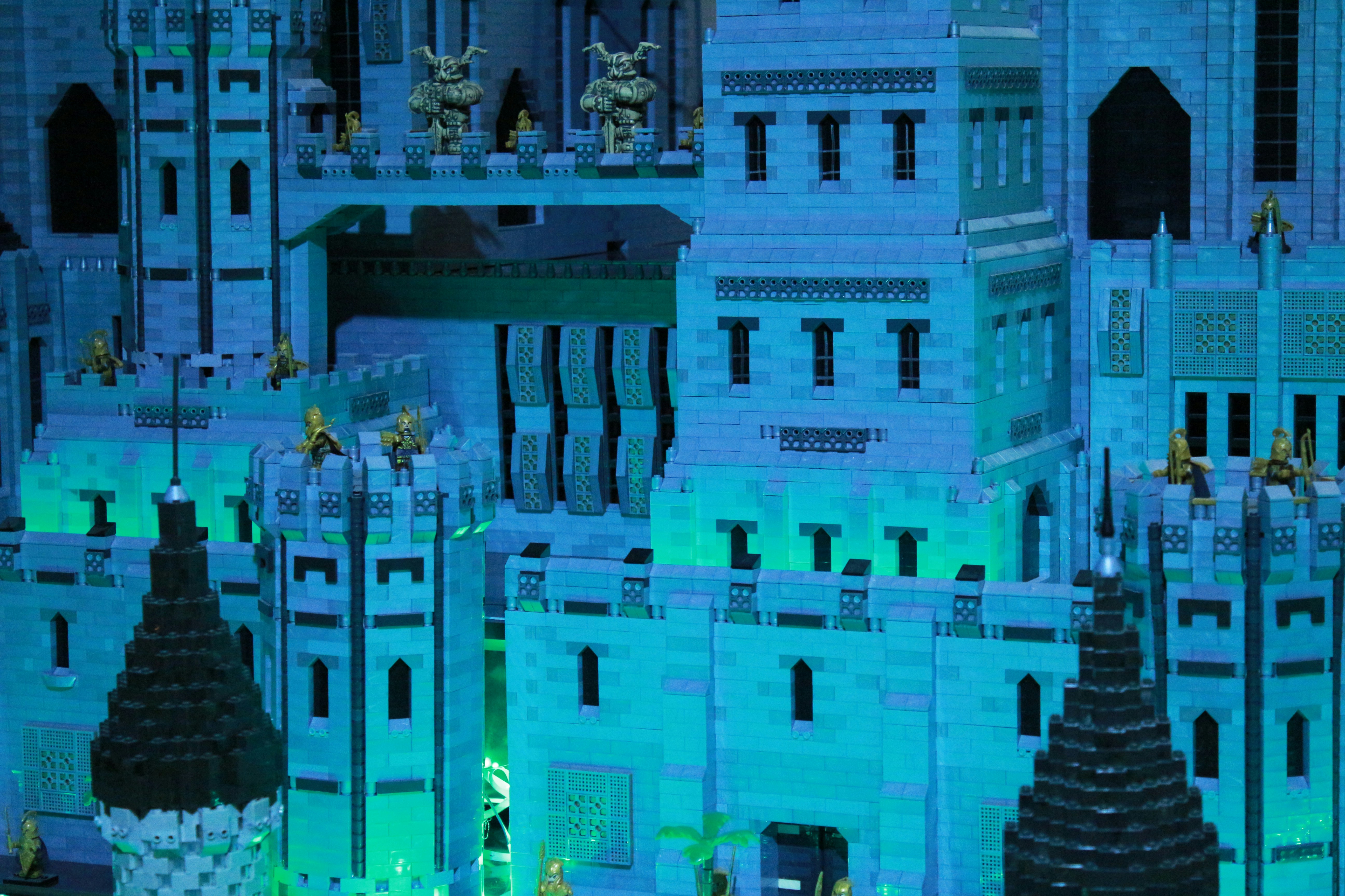 Blue Cascade of Bricked Towers: A LEGO City in Motion