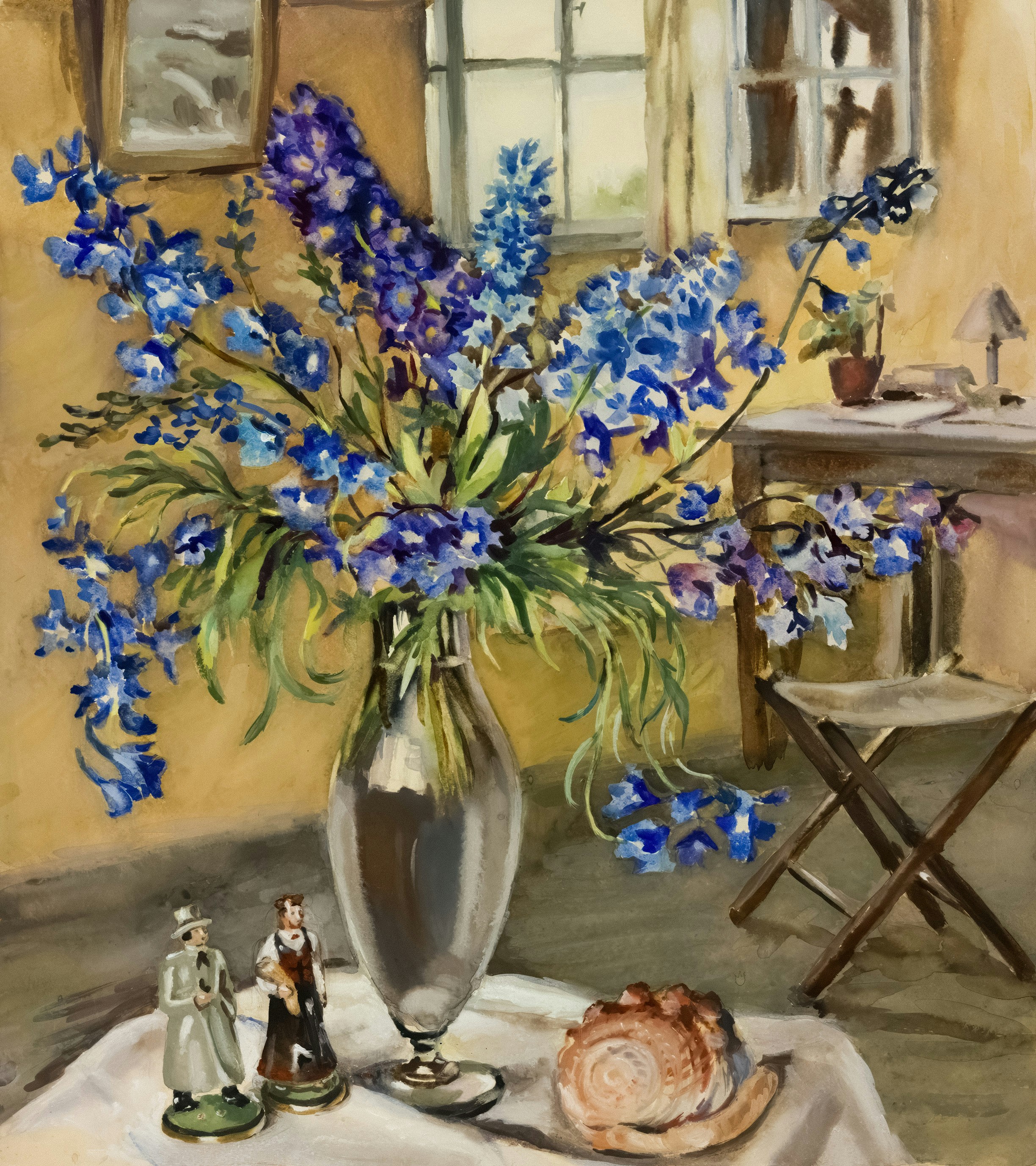 Azure Delphiniums in a Glass Vase: Quiet Bouquet in a Sunlit Interior