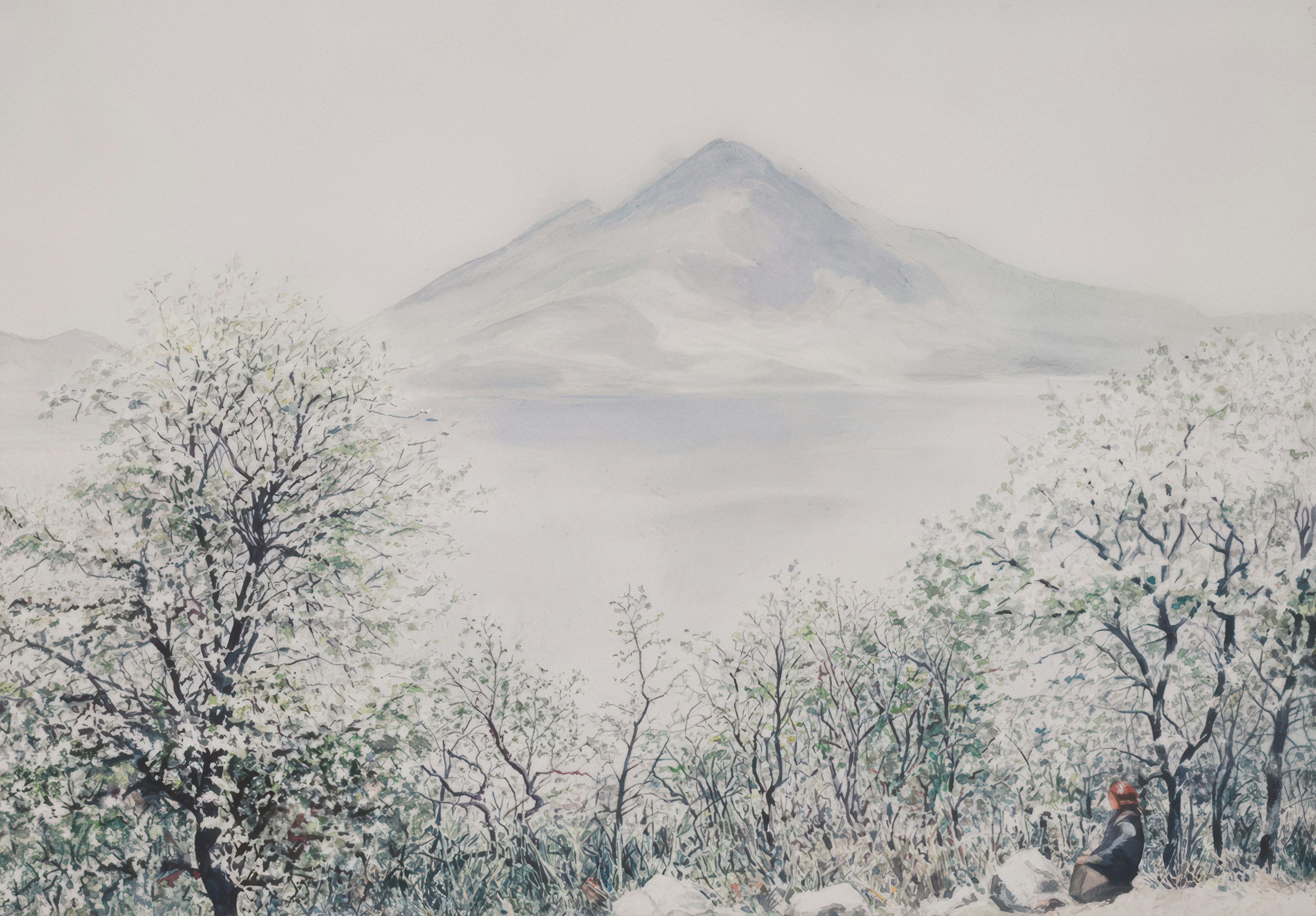 Illustration of a lone figure sitting among blossoming trees gazing at a mist-covered mountain.