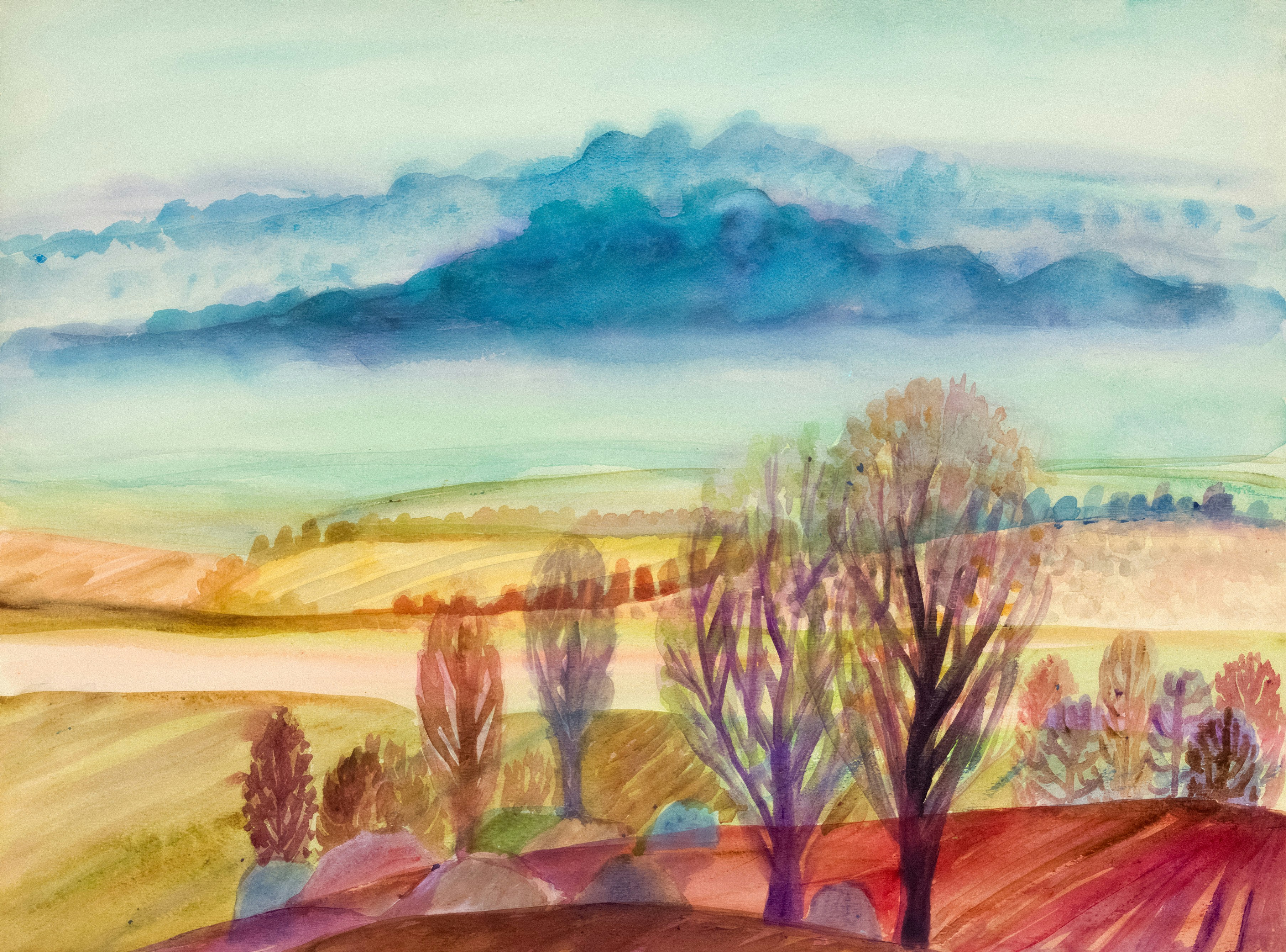 Illustration of a colorful landscape with rolling hills and trees under a misty blue sky.