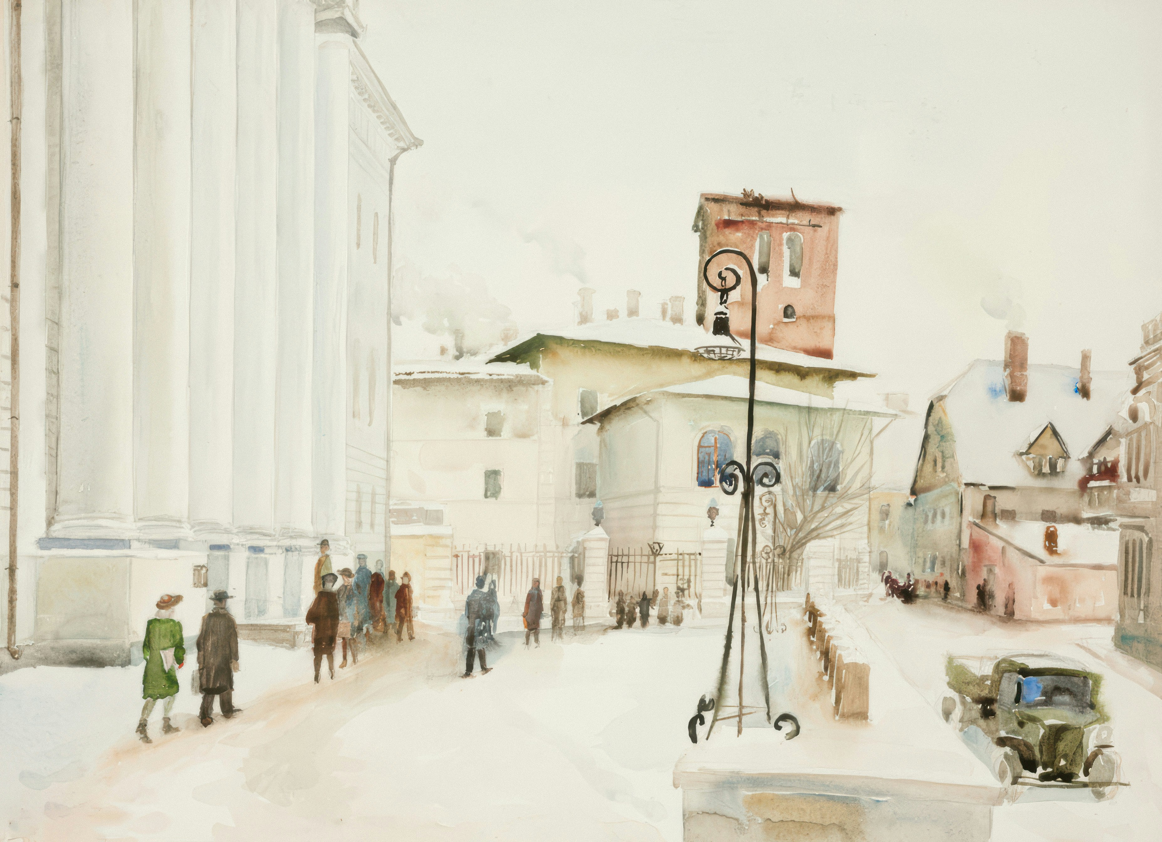 Watercolor painting of a snowy street scene with a few pedestrians and vintage cars, dominated by a large building and a distant tower.