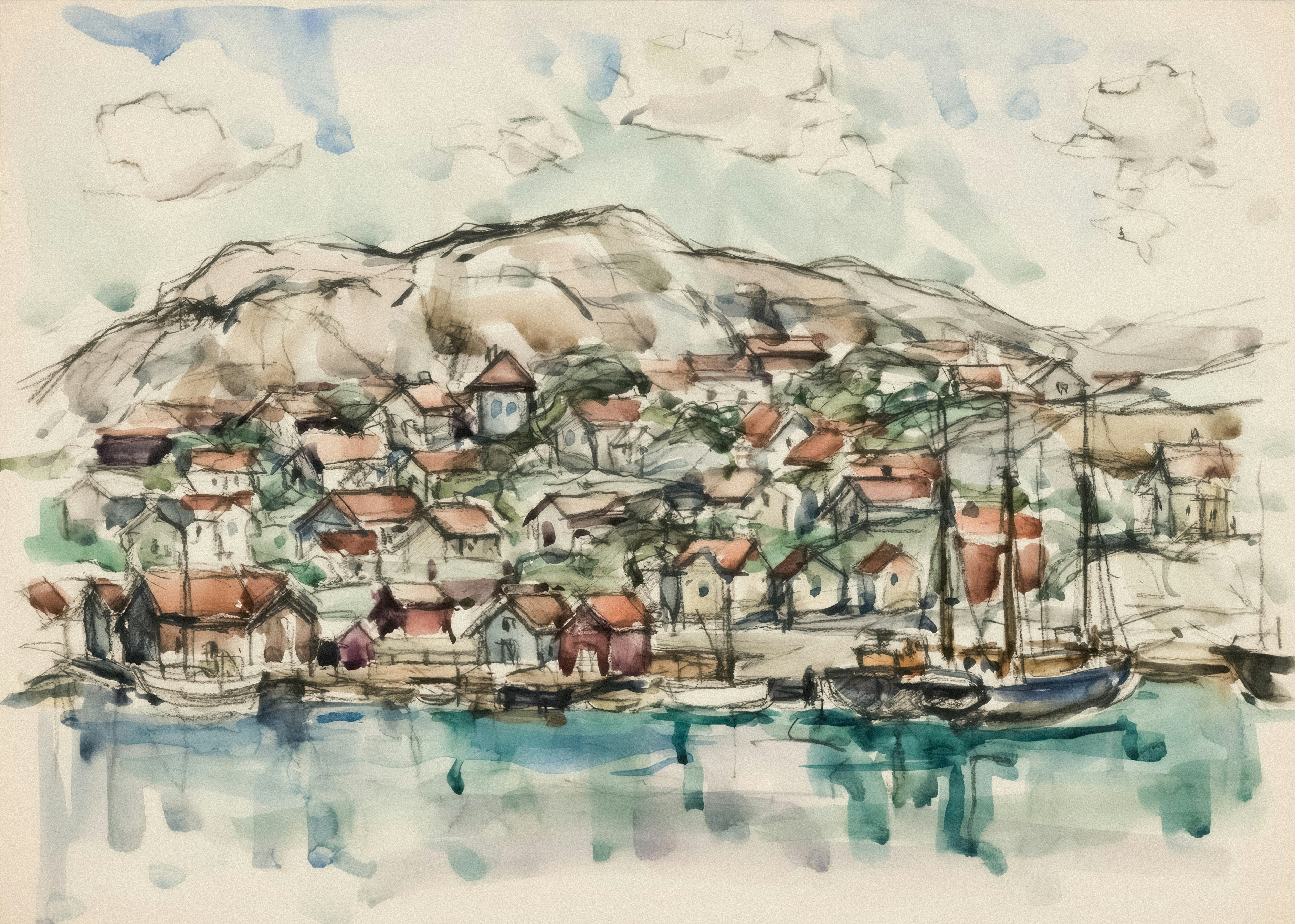 Harbor of Red Roofs: A Watercolor Village Anchored by Boats