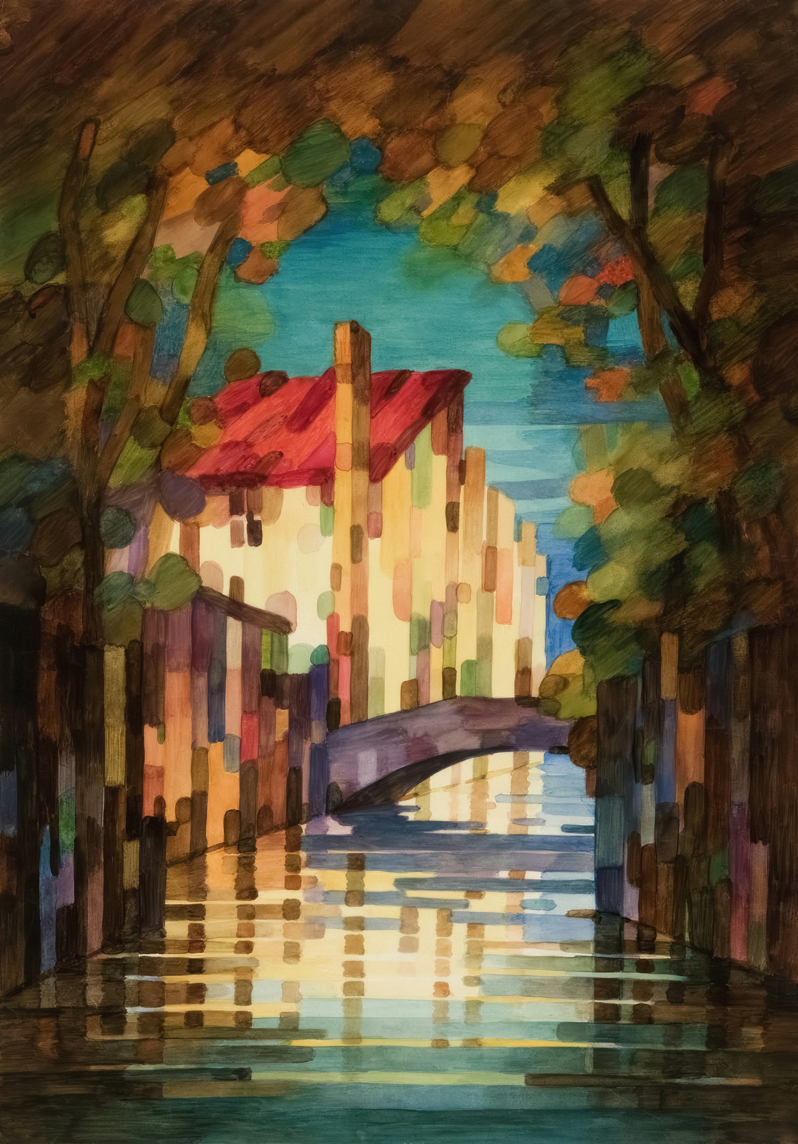 Sunlit Canal Through Painted Village