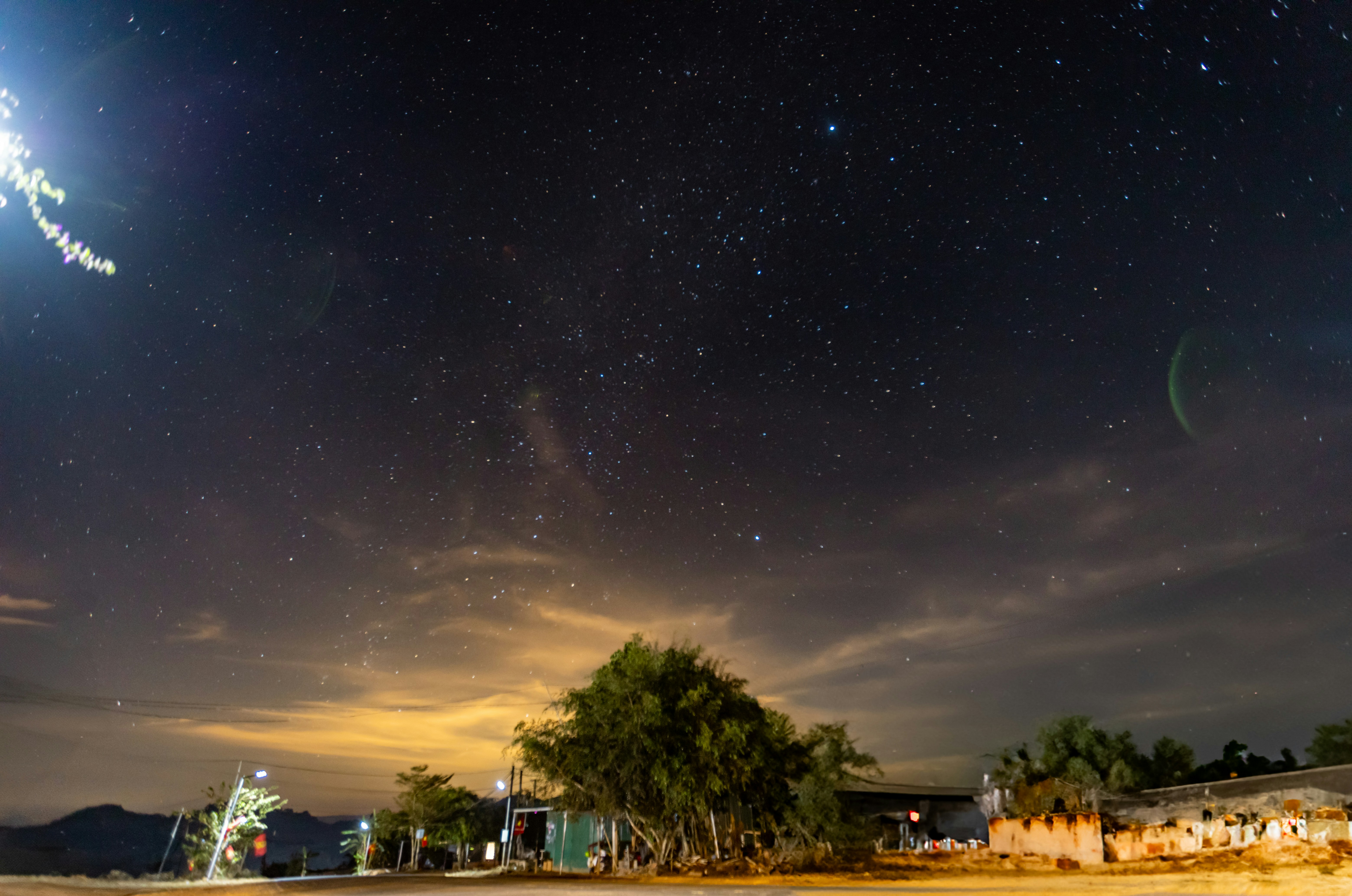 Starry sky over a rural landscape with trees silhouetted against a glowing horizon.