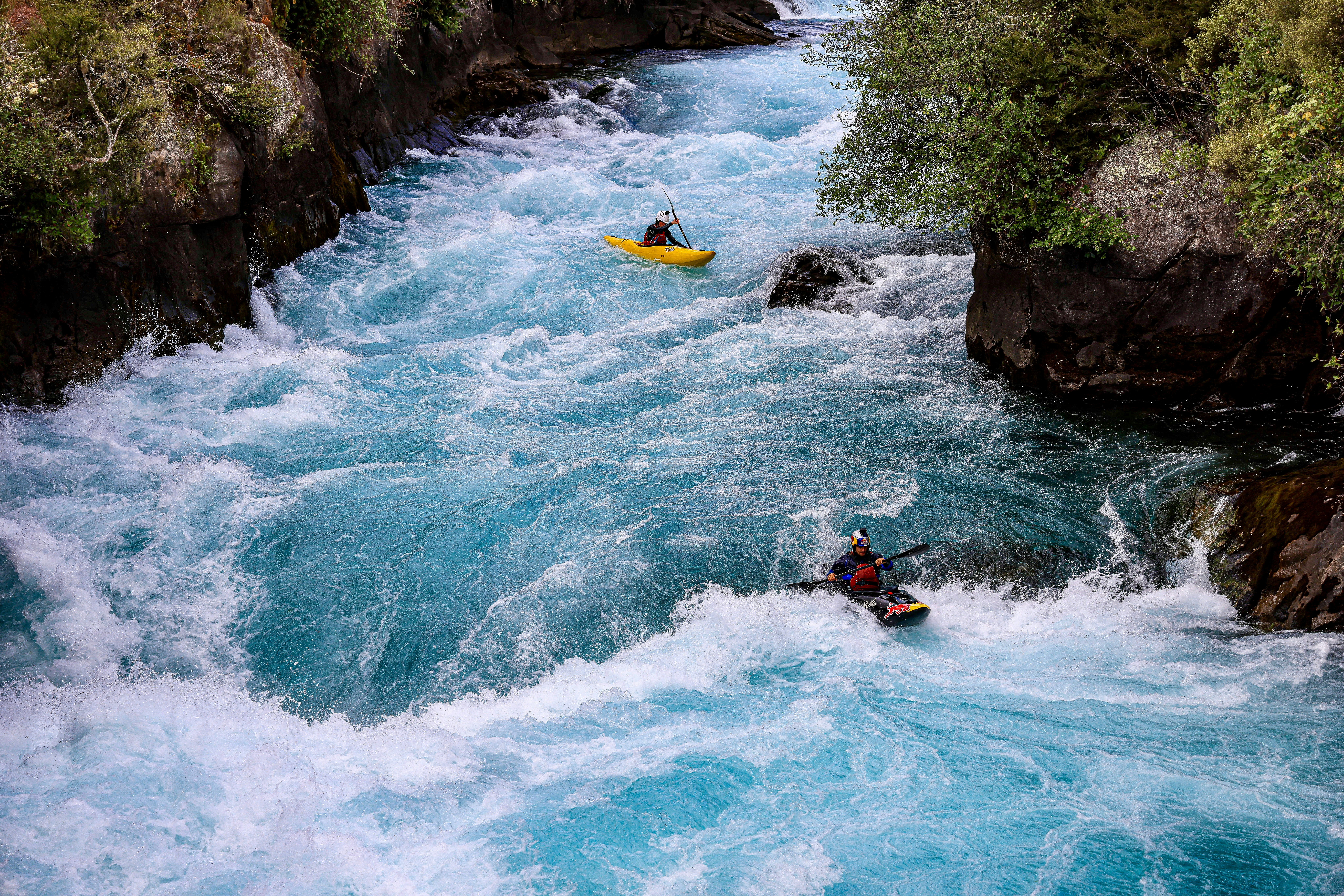 A man riding a kayak down a river next to a forest photo – Free Water ...