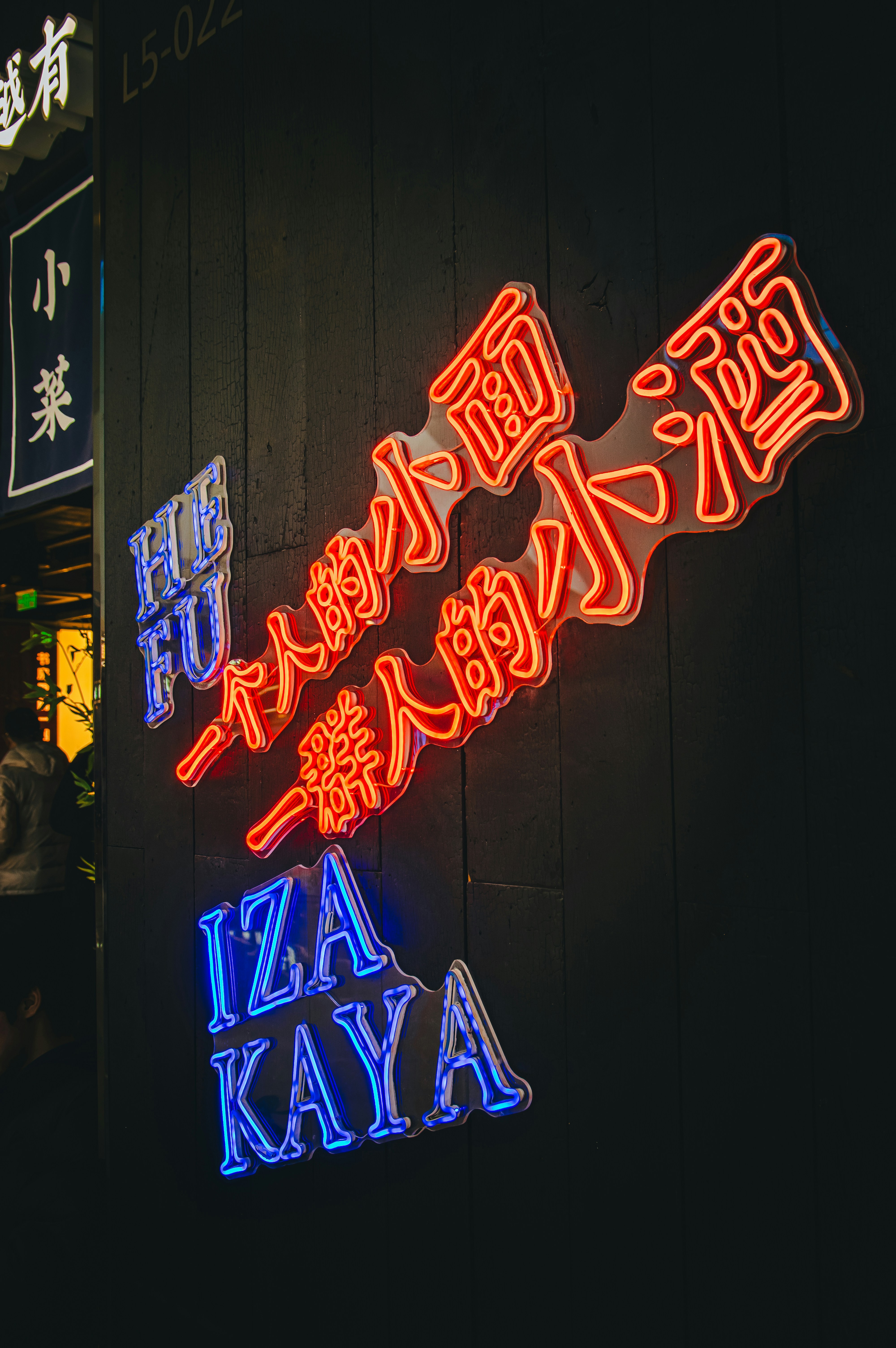 Red Neon Chinese Script Crossing a Dark Facade, with IZAKAYA in Blue