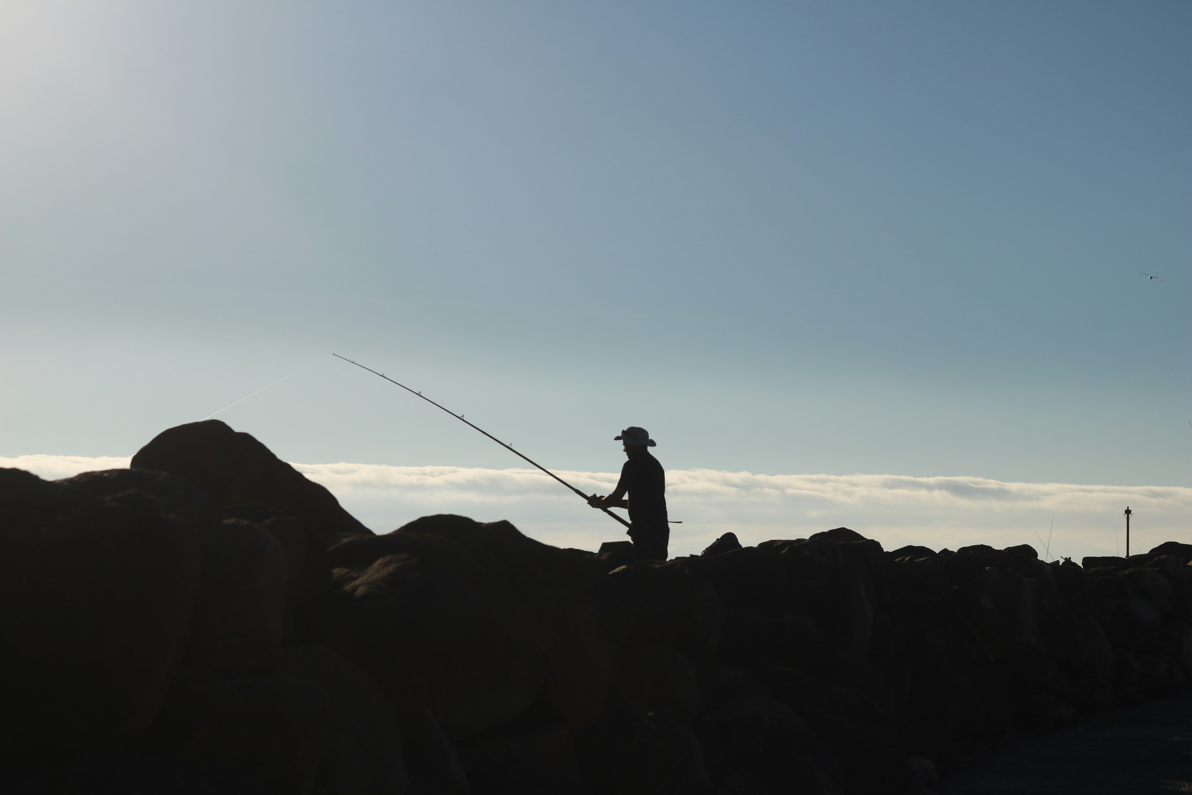 Silhouette of a person fishing on rocky terrain with a clear sky backdrop.
