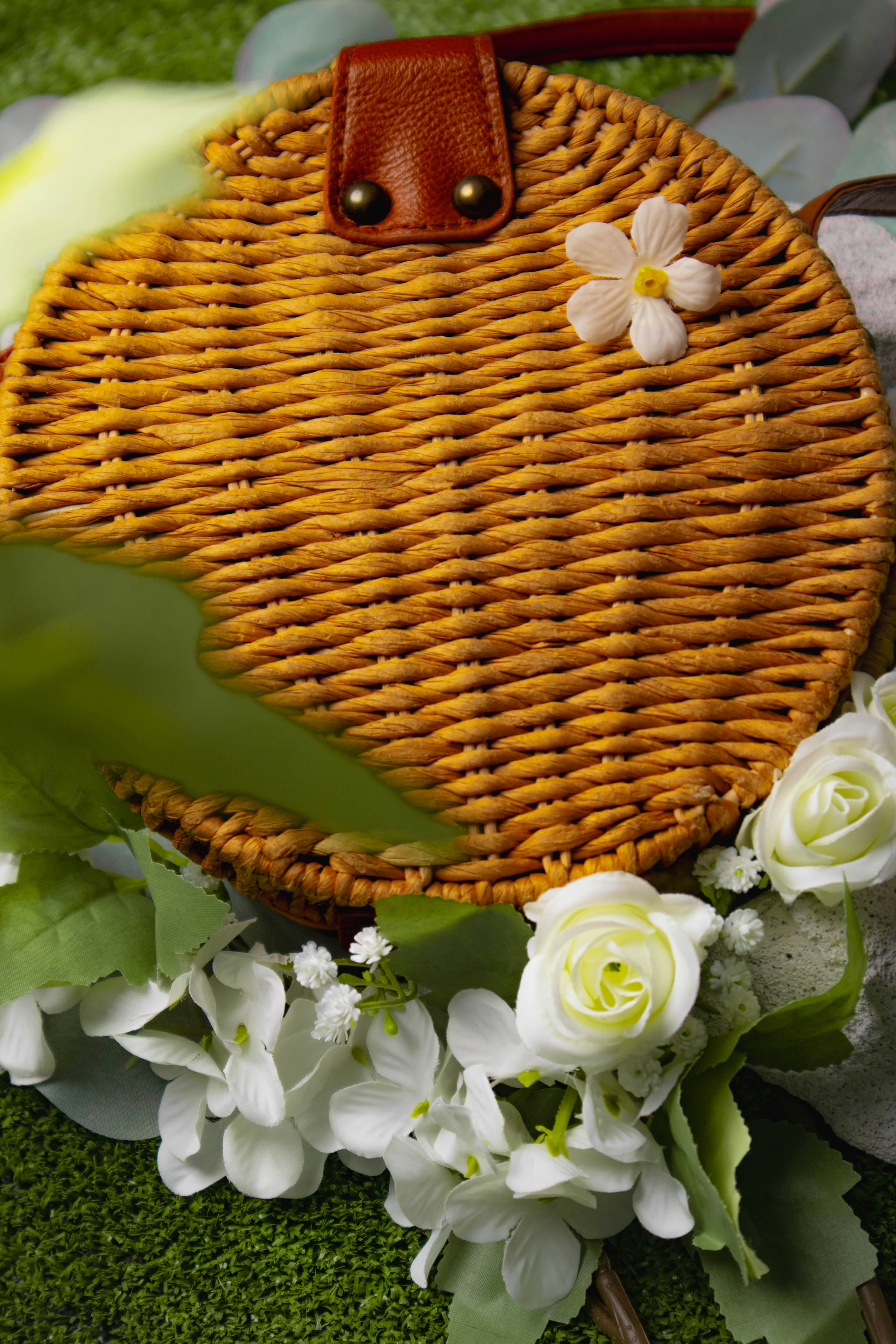 Sunlit Woven Basket Buried in Floral Frill