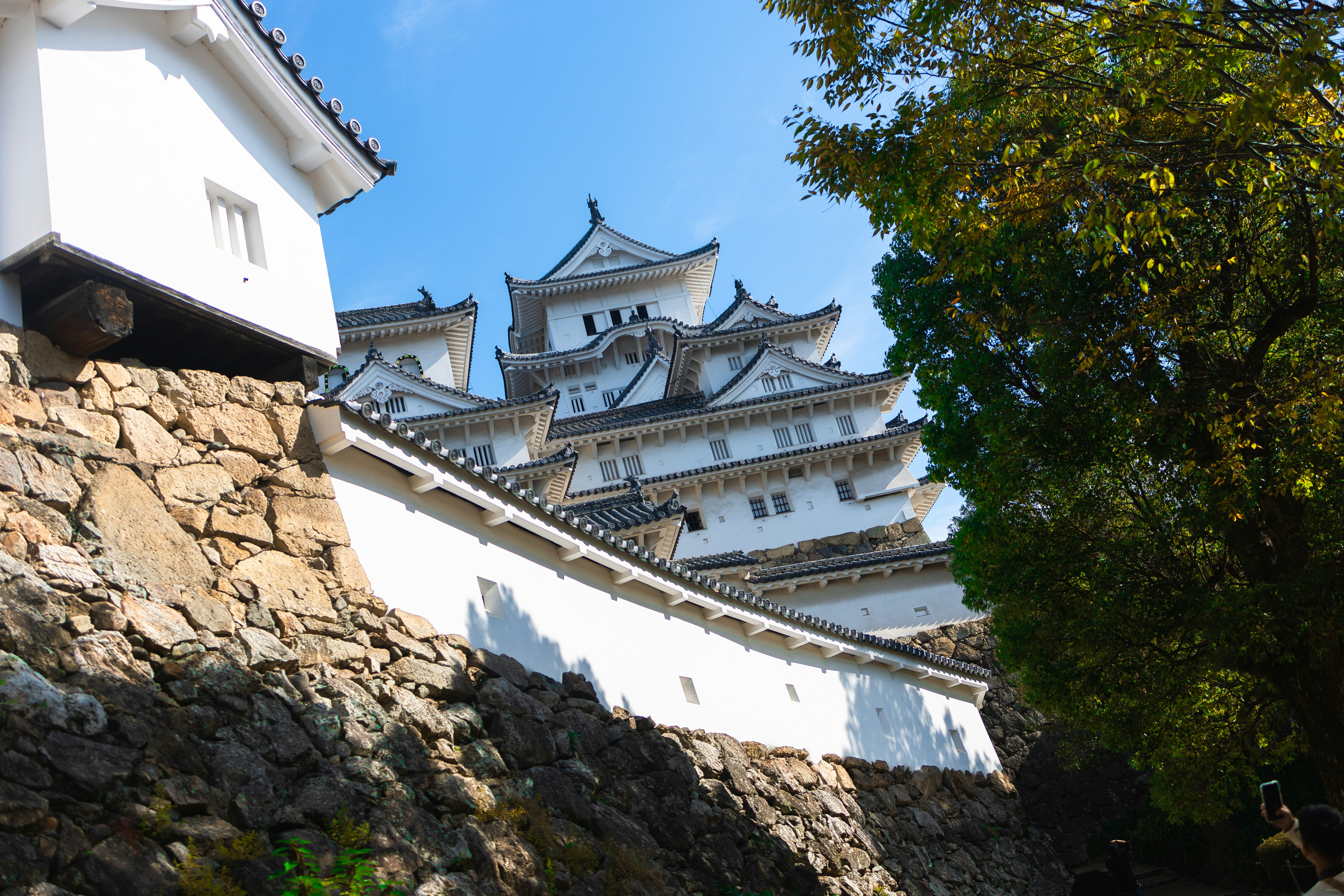 Himeji Castle rises majestically against a clear blue sky, showcasing its intricate architecture and historical significance. The surrounding greenery frames this iconic landmark beautifully.