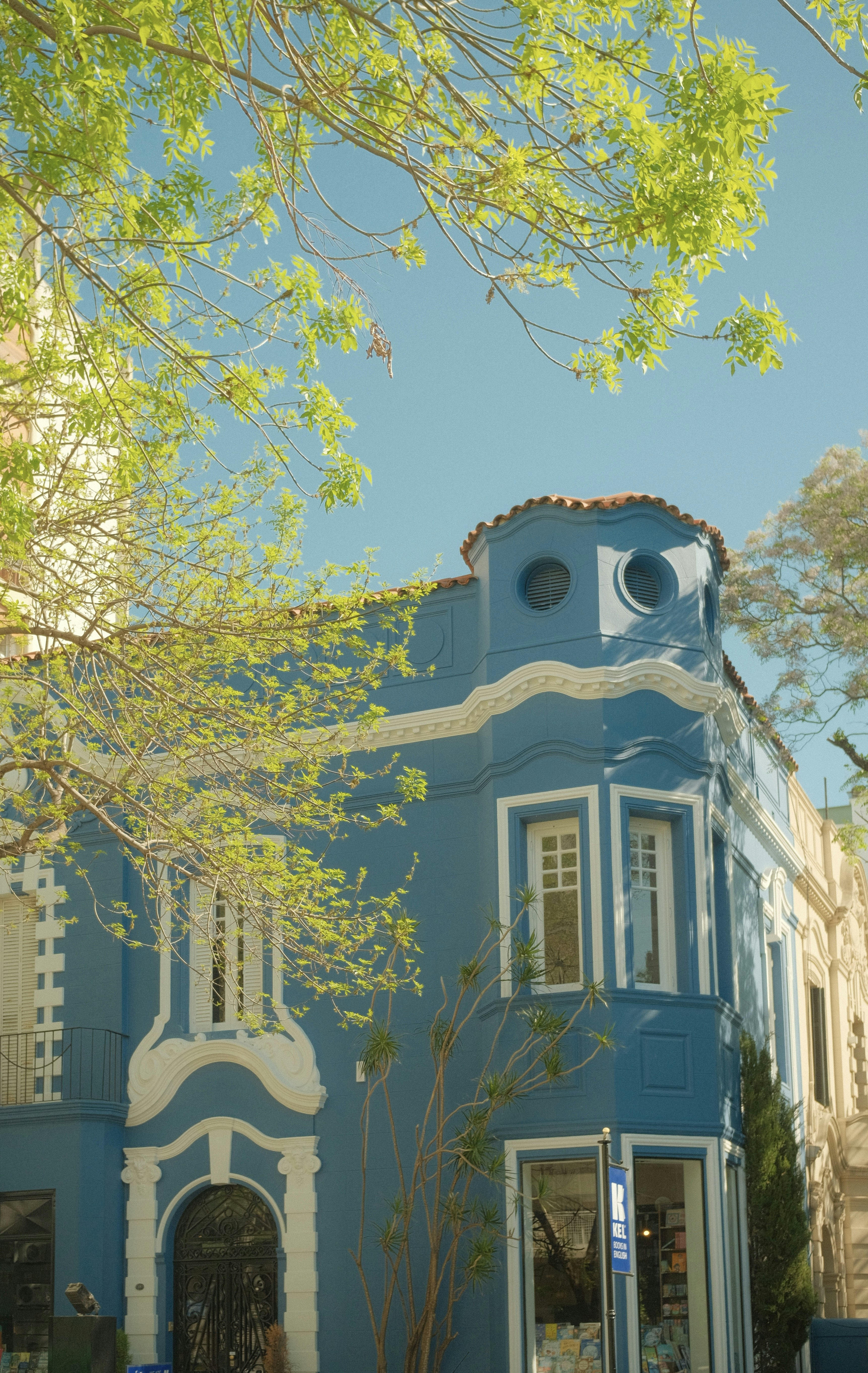 Turreted Blue Facade Framed by Spring Greenery