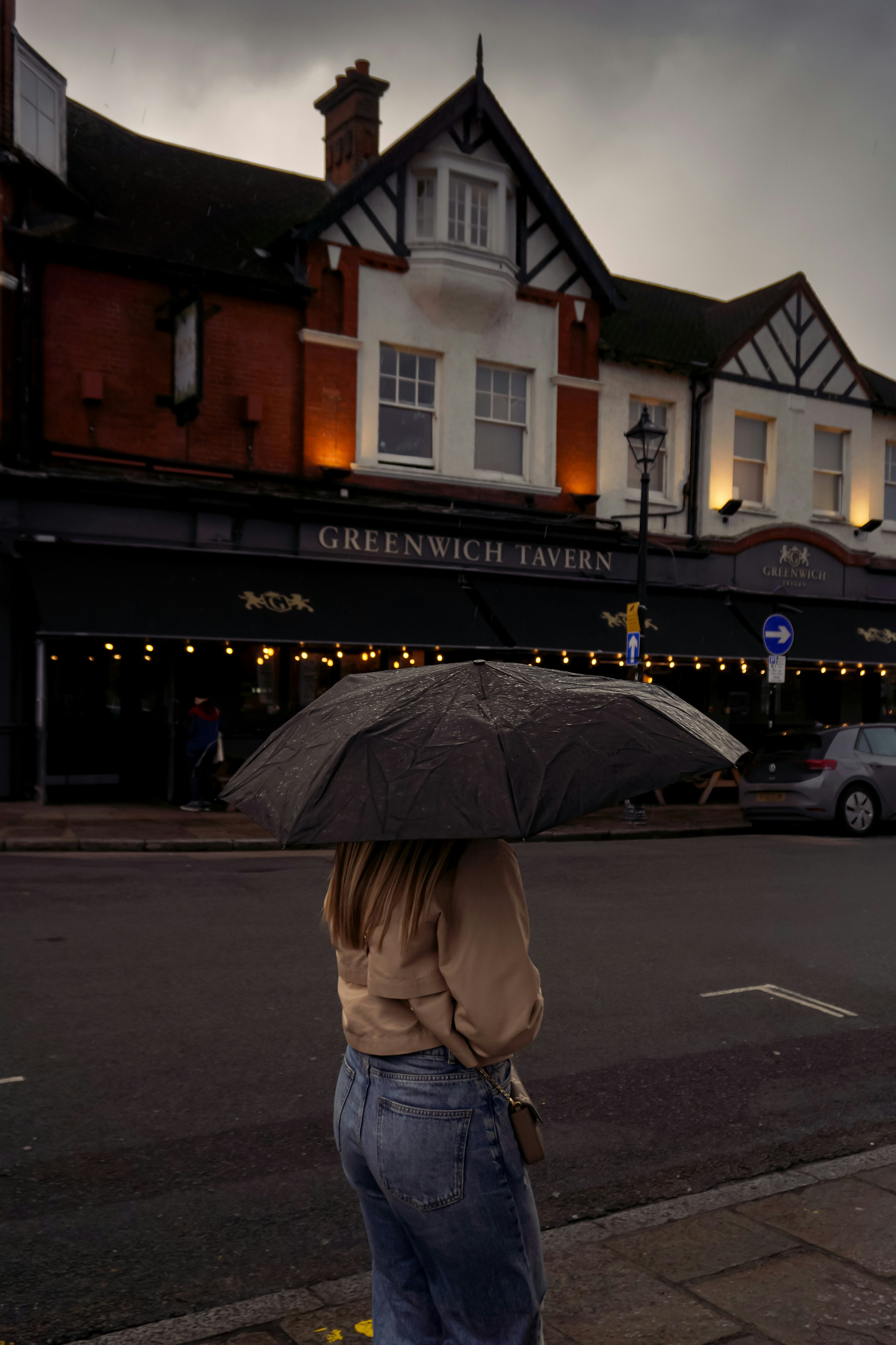 Umbrella under the Dusk: Quiet Figure by Greenwich Tavern