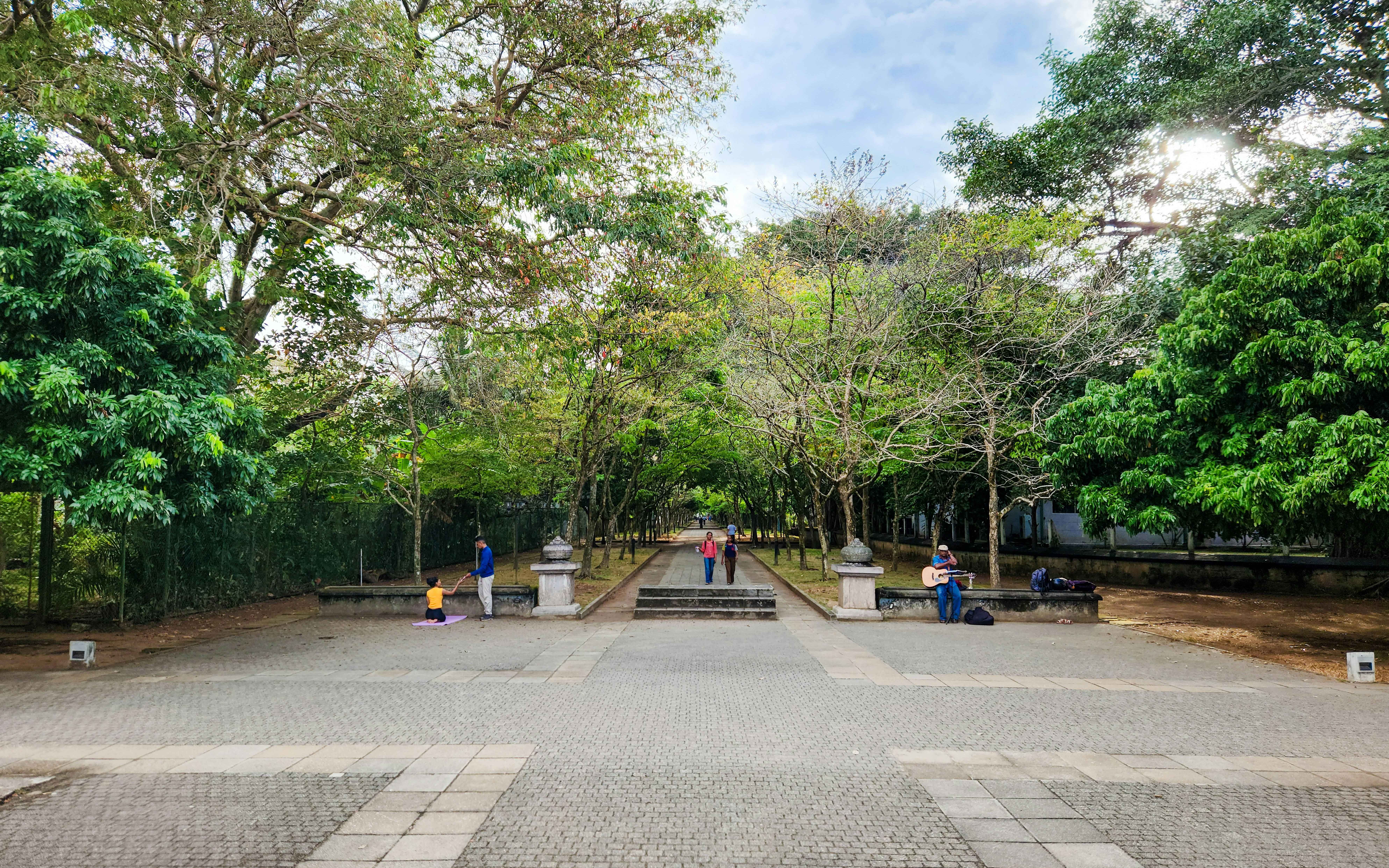 Tree-lined pathway at Independence Walk in Colombo, with people enjoying a leisurely stroll.
