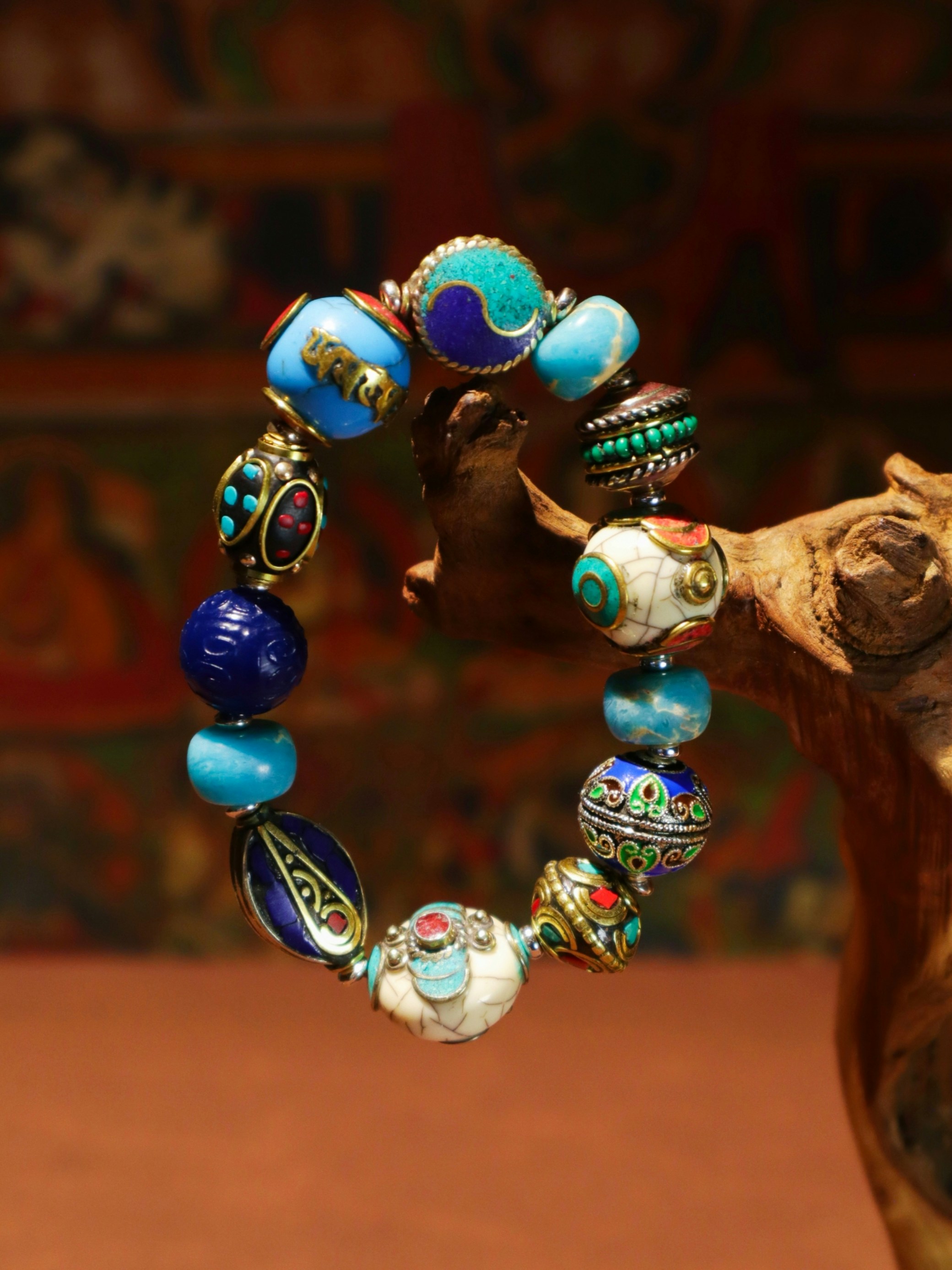 Beaded Circle: A Turquoise-Tinted Bracelet Framed by a Rustic Branch