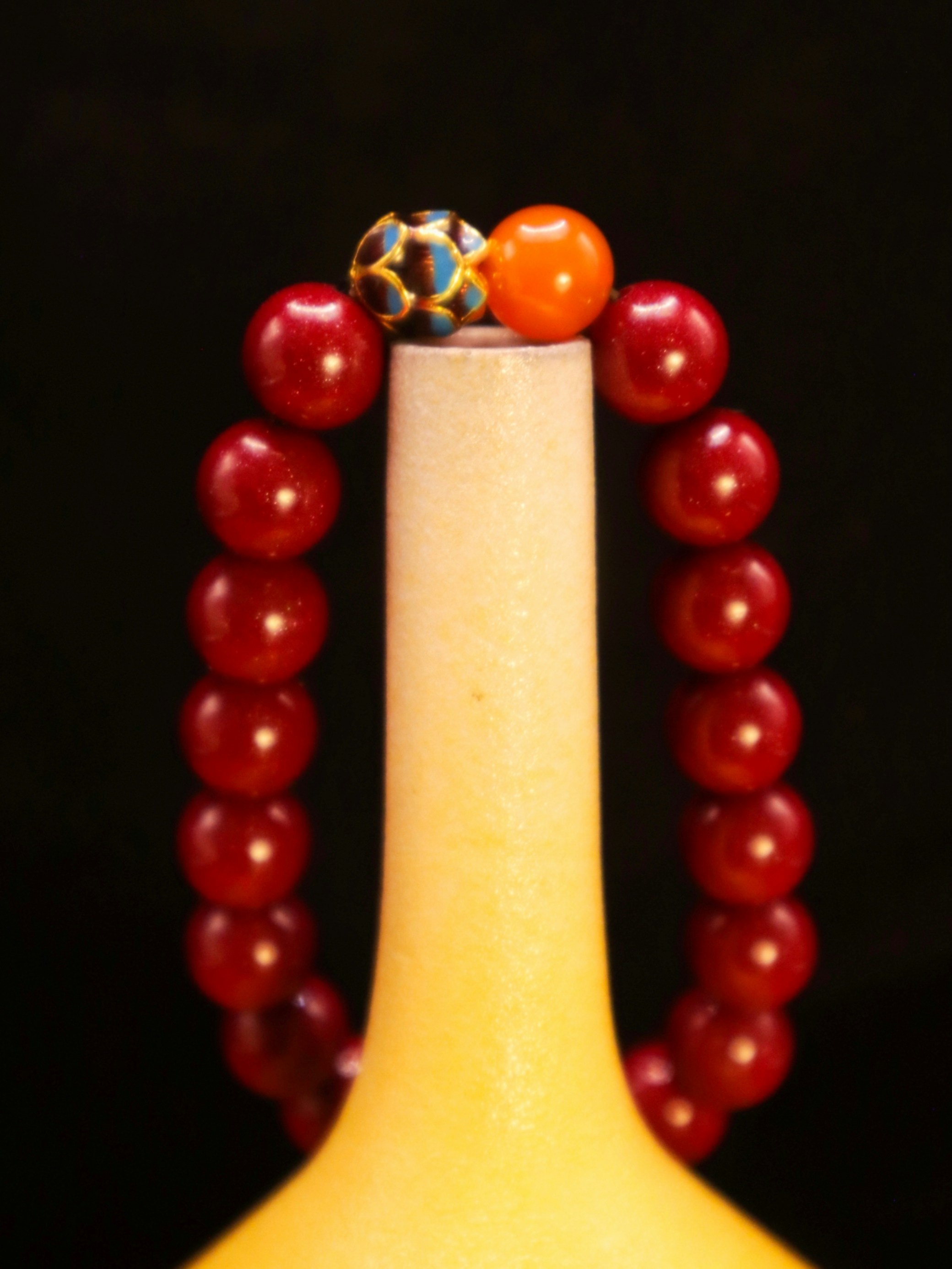 Bead Crown on a Cream Neck: Tiny Mosaic Orb Surrounded by Red Orbs