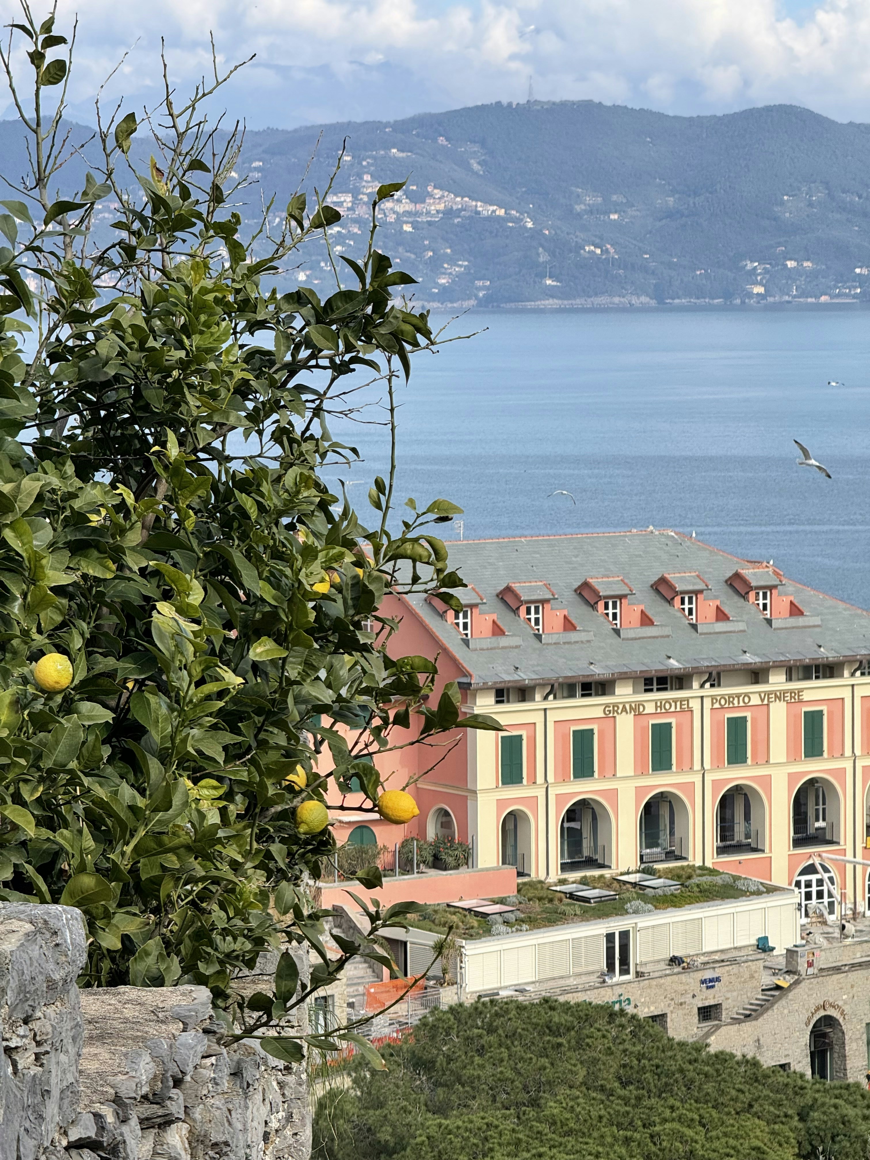 Pastel-hued hotel with arched windows along the coast, framed by a lemon tree in the foreground and calm blue sea beyond.