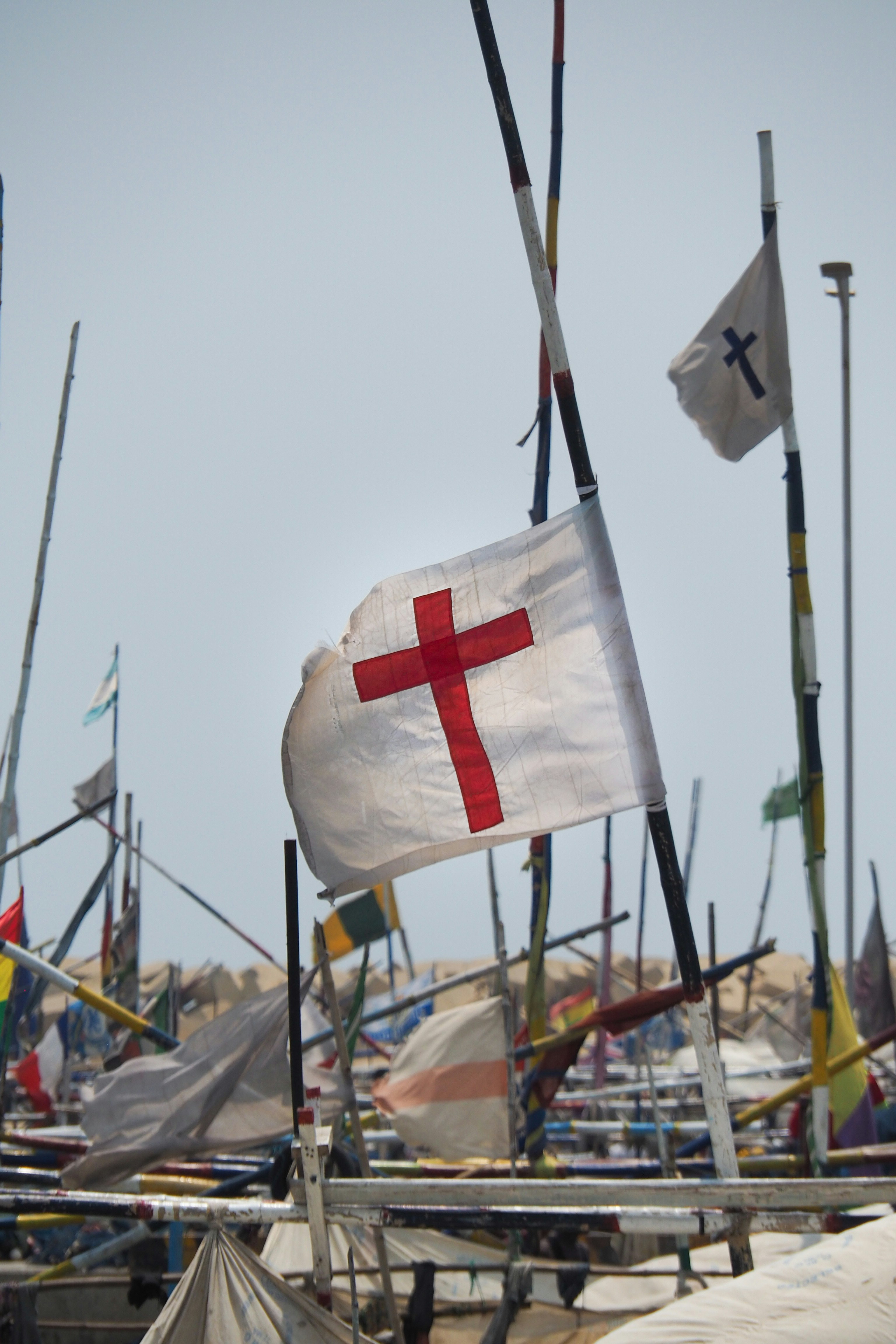 Flags adorned with various symbols fluttering in the breeze at a busy harbor, creating a vibrant nautical scene.