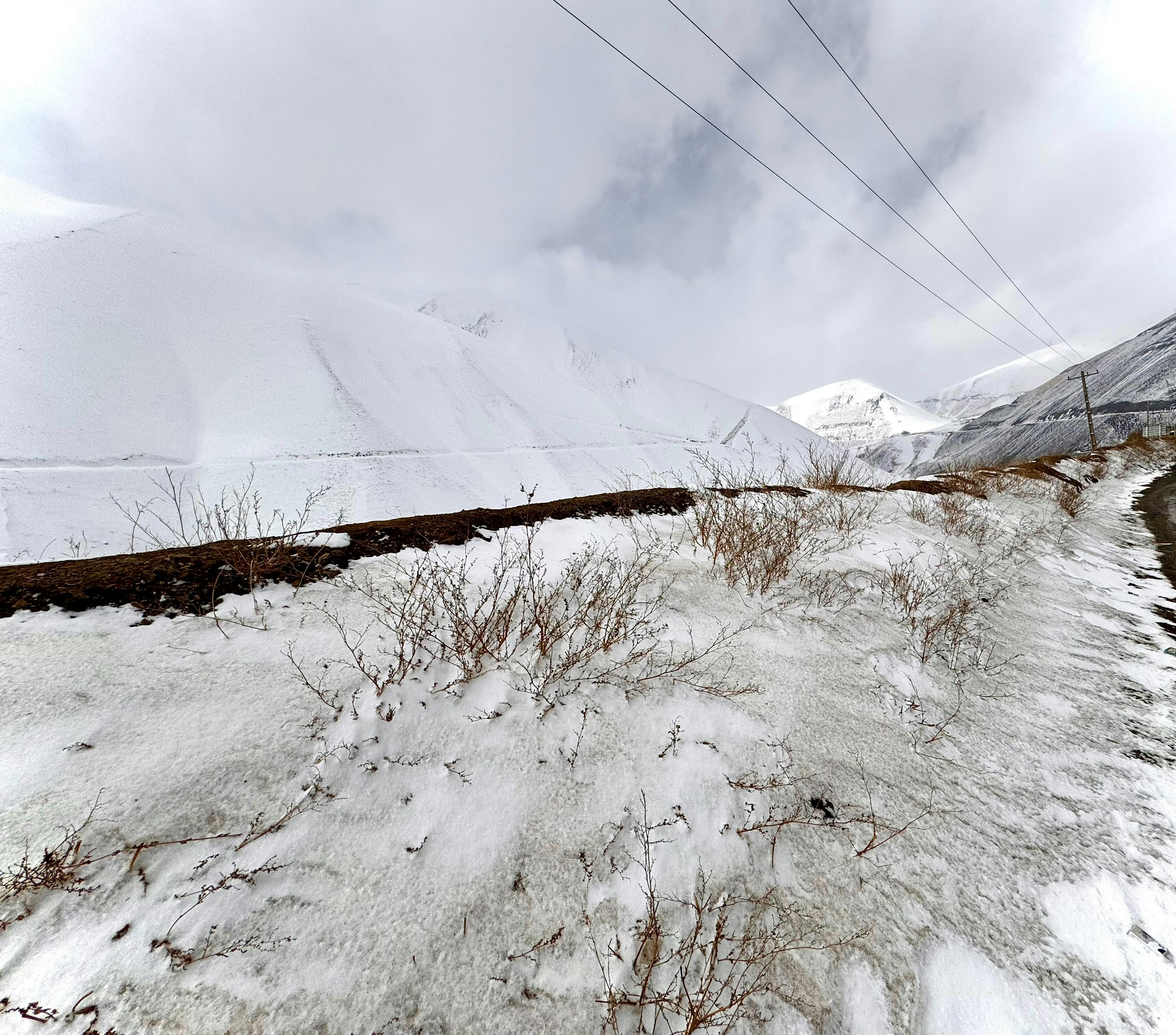 Snow-covered mountains under a cloudy sky with sparse vegetation and power lines.