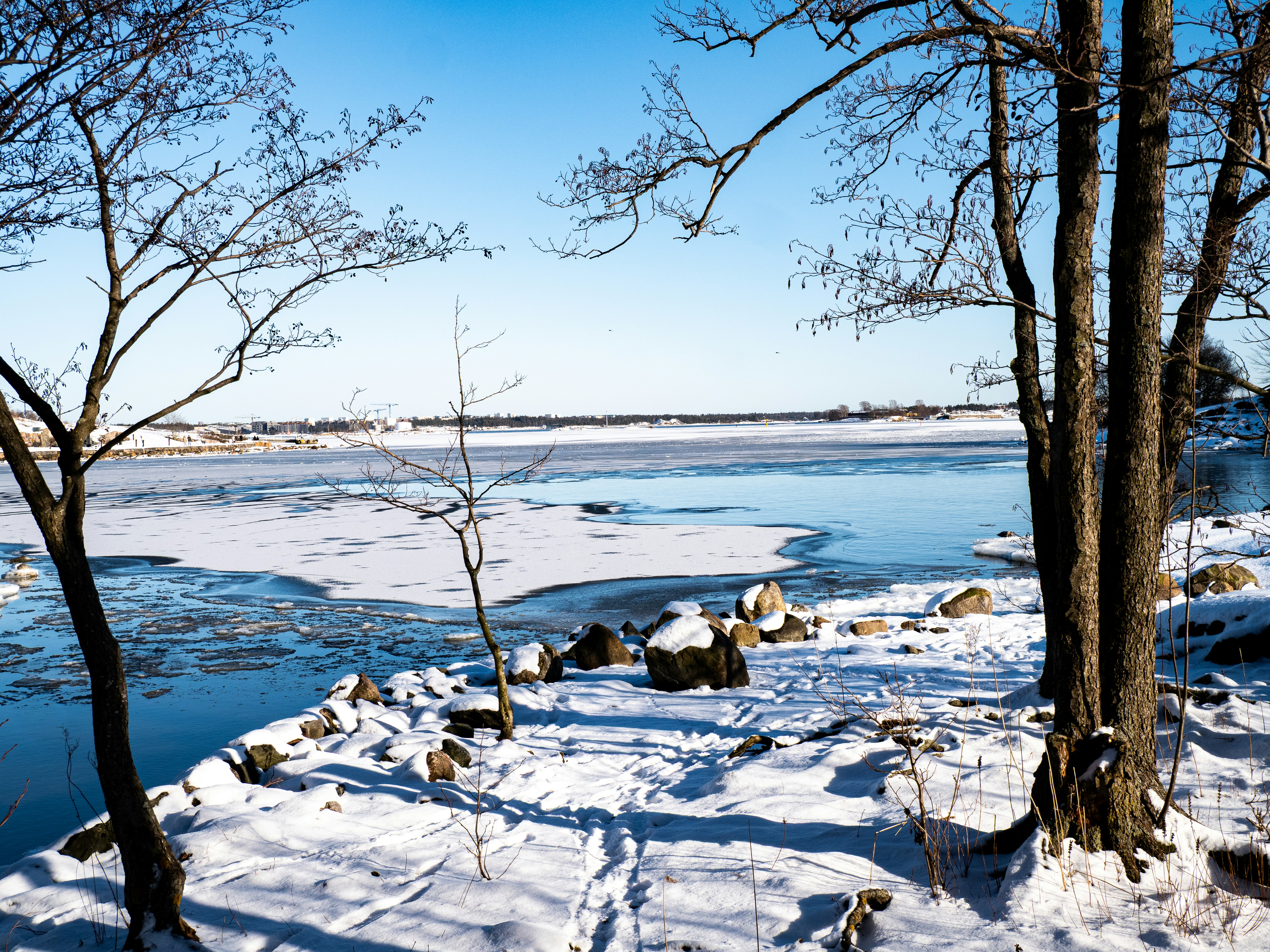 Snowy landscape with partially frozen lake and trees. photo – Free Land ...