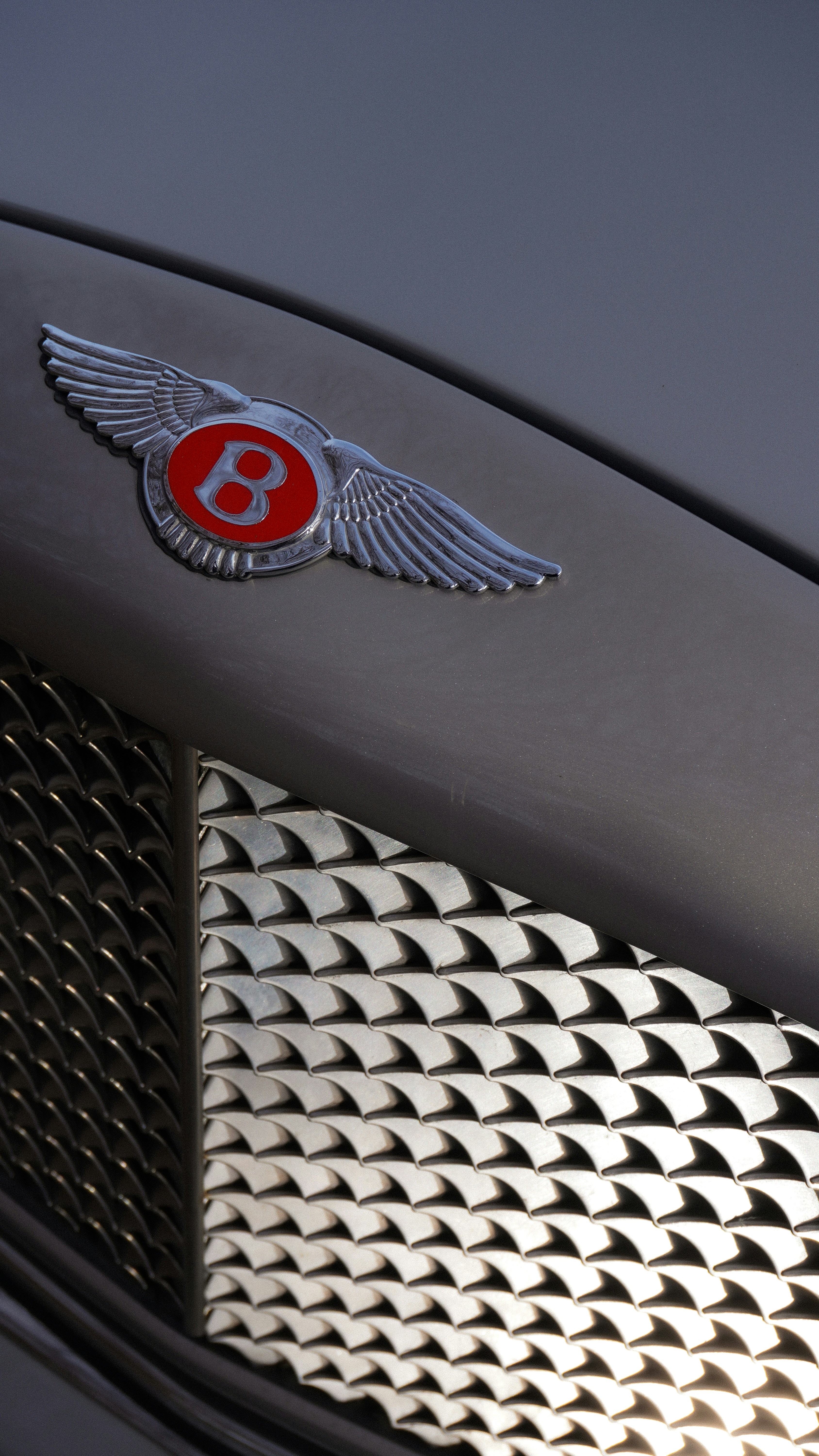 Bentley Crest Close-Up: Chrome Wings Over a Diamond Grille