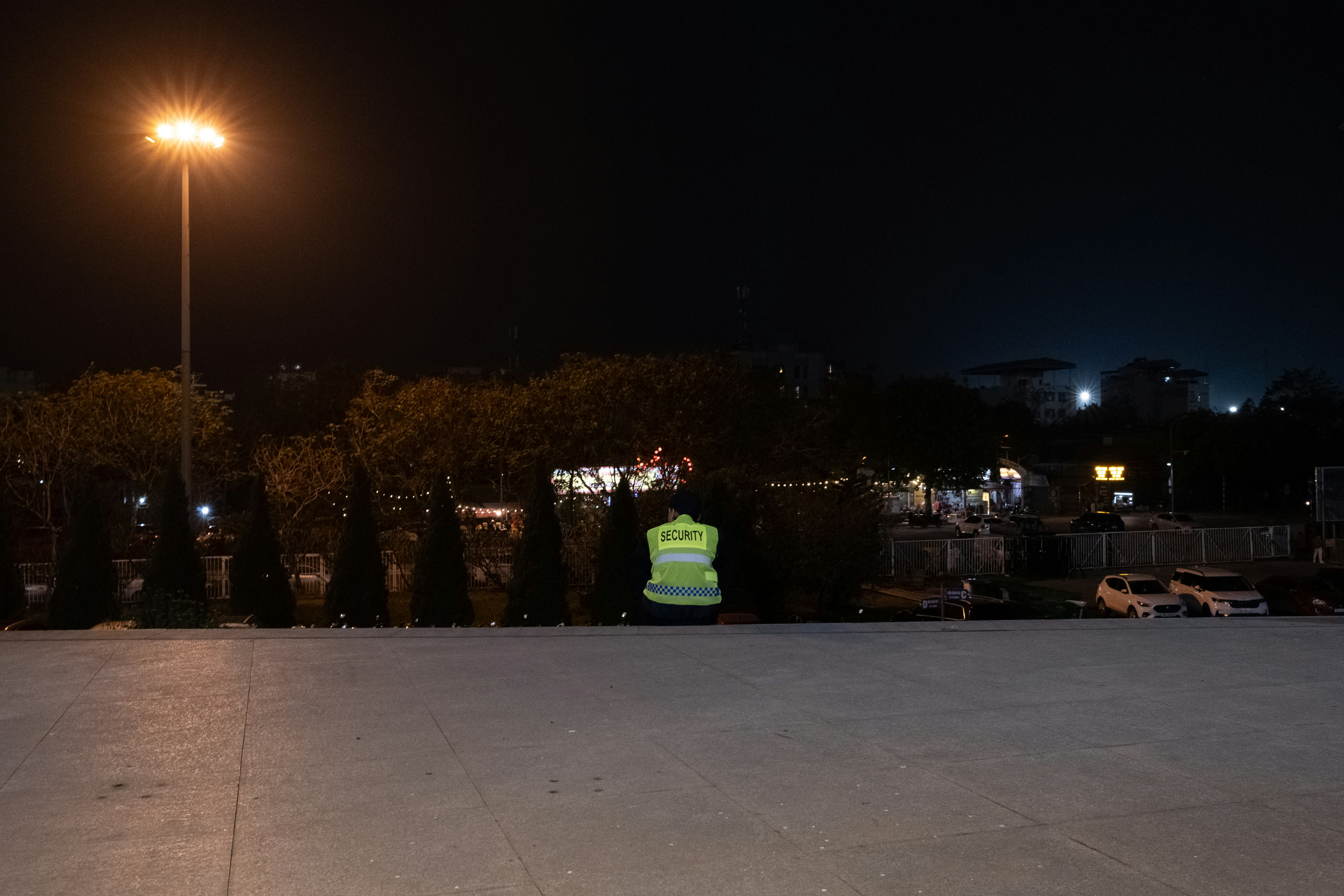 Security personnel in a fluorescent vest sits under a glowing streetlight, overlooking a park lined with trees and distant city lights.