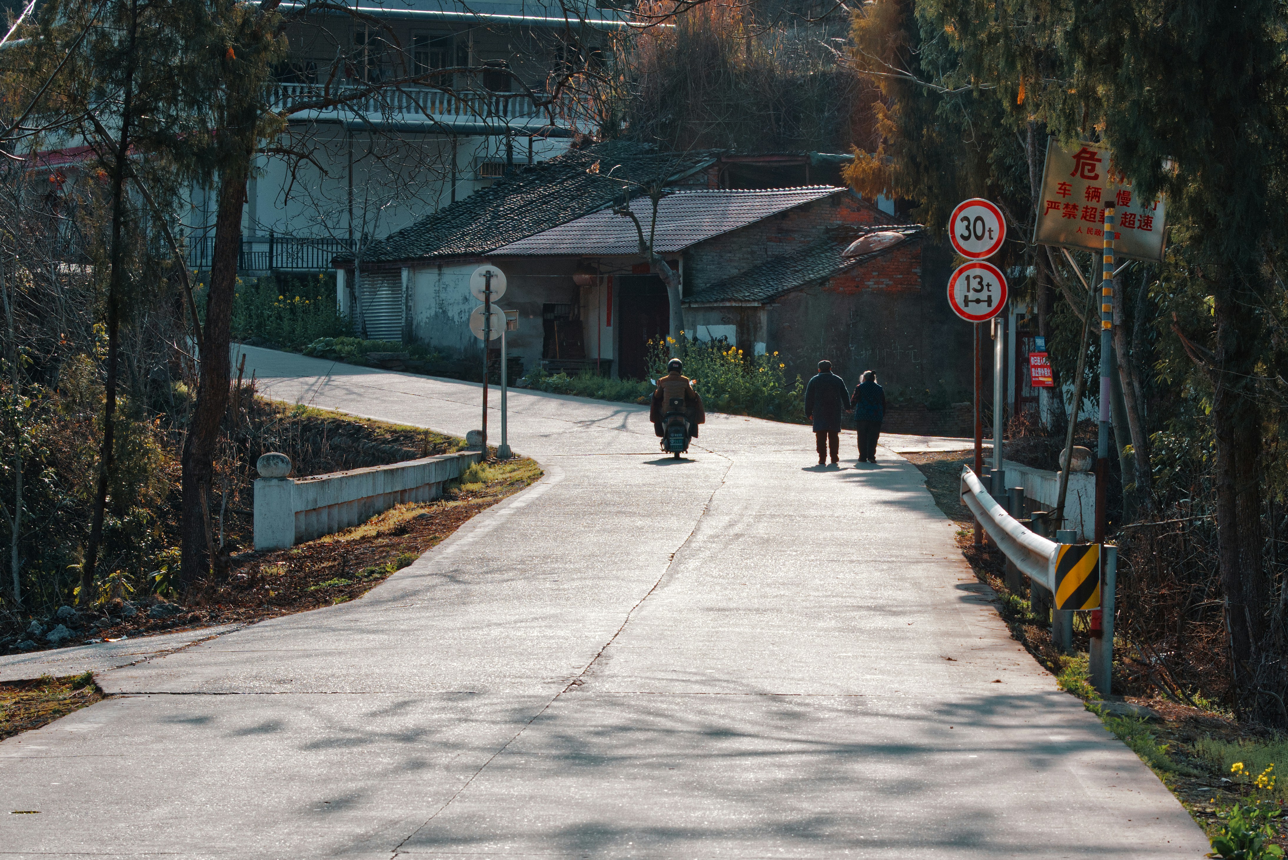 Motorcyclist and pedestrians traverse a quiet village road flanked by trees and rustic buildings under soft sunlight.