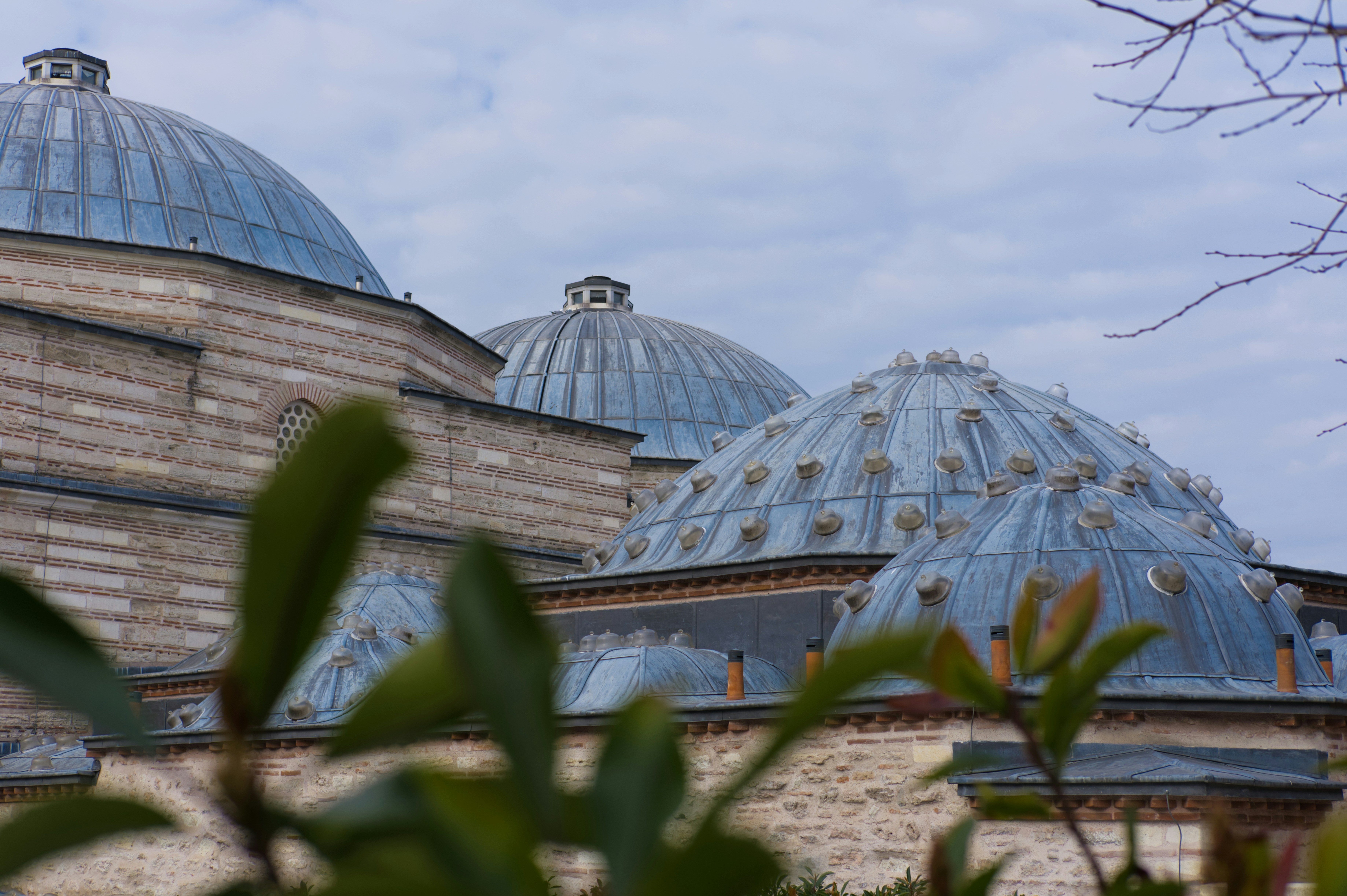 Domed rooftops of a historic bathhouse framed by leafy branches under a cloudy sky.
