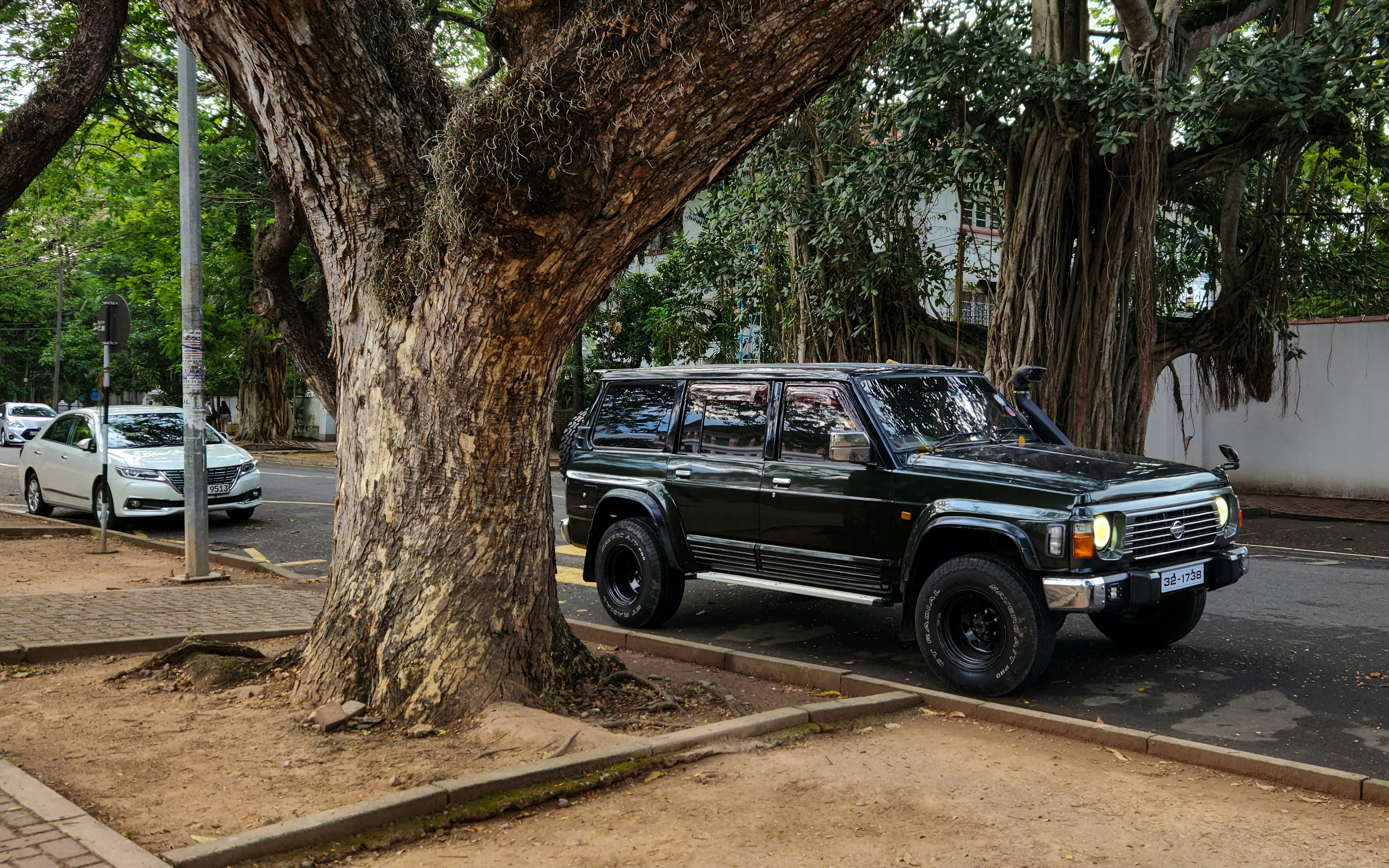 Black Nissan Patrol SUV parked under sprawling trees with hanging vines on a Colombo street.