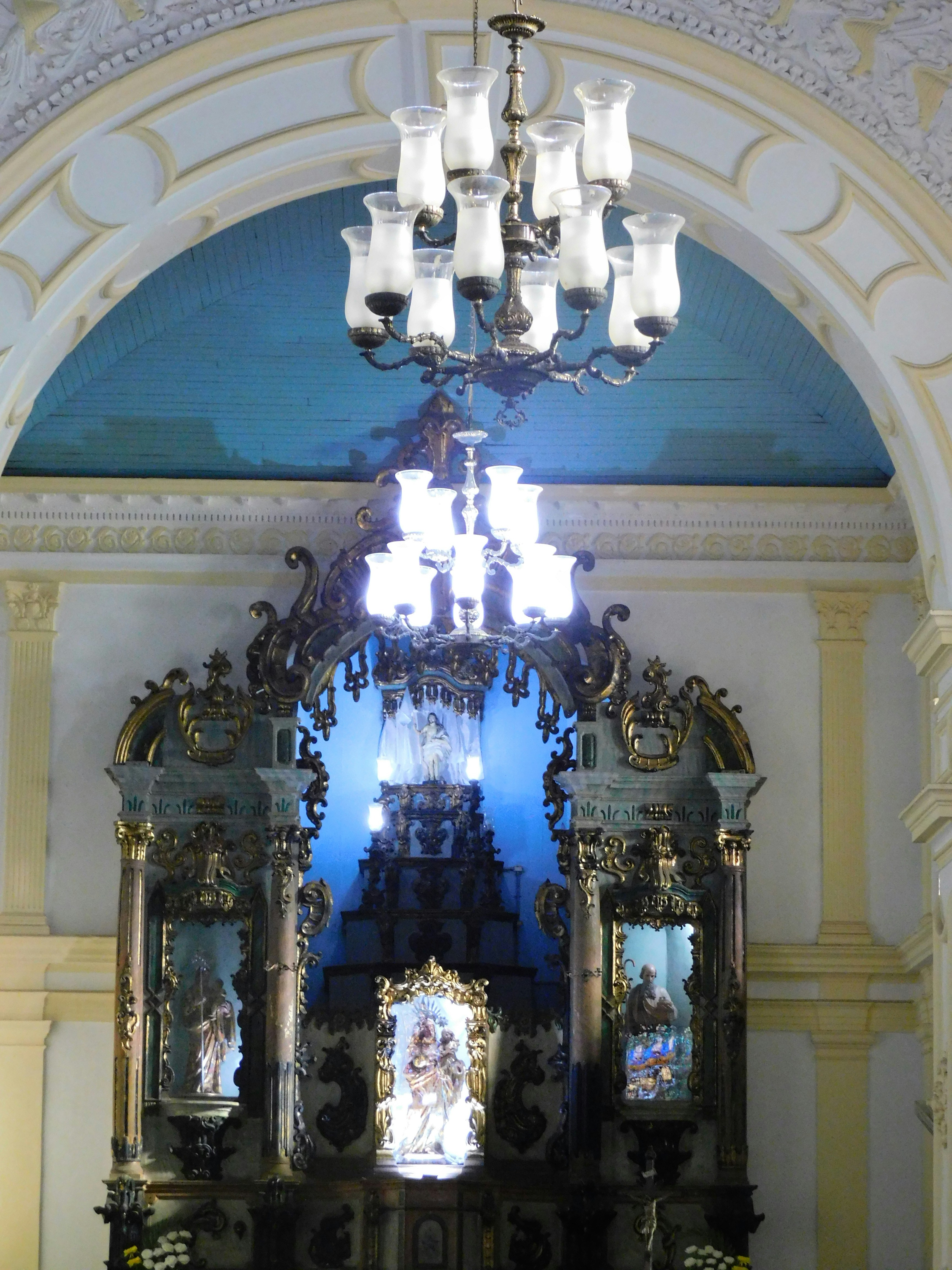Gilded Altar Under Twin Chandeliers: Baroque Reverie in Blue Light