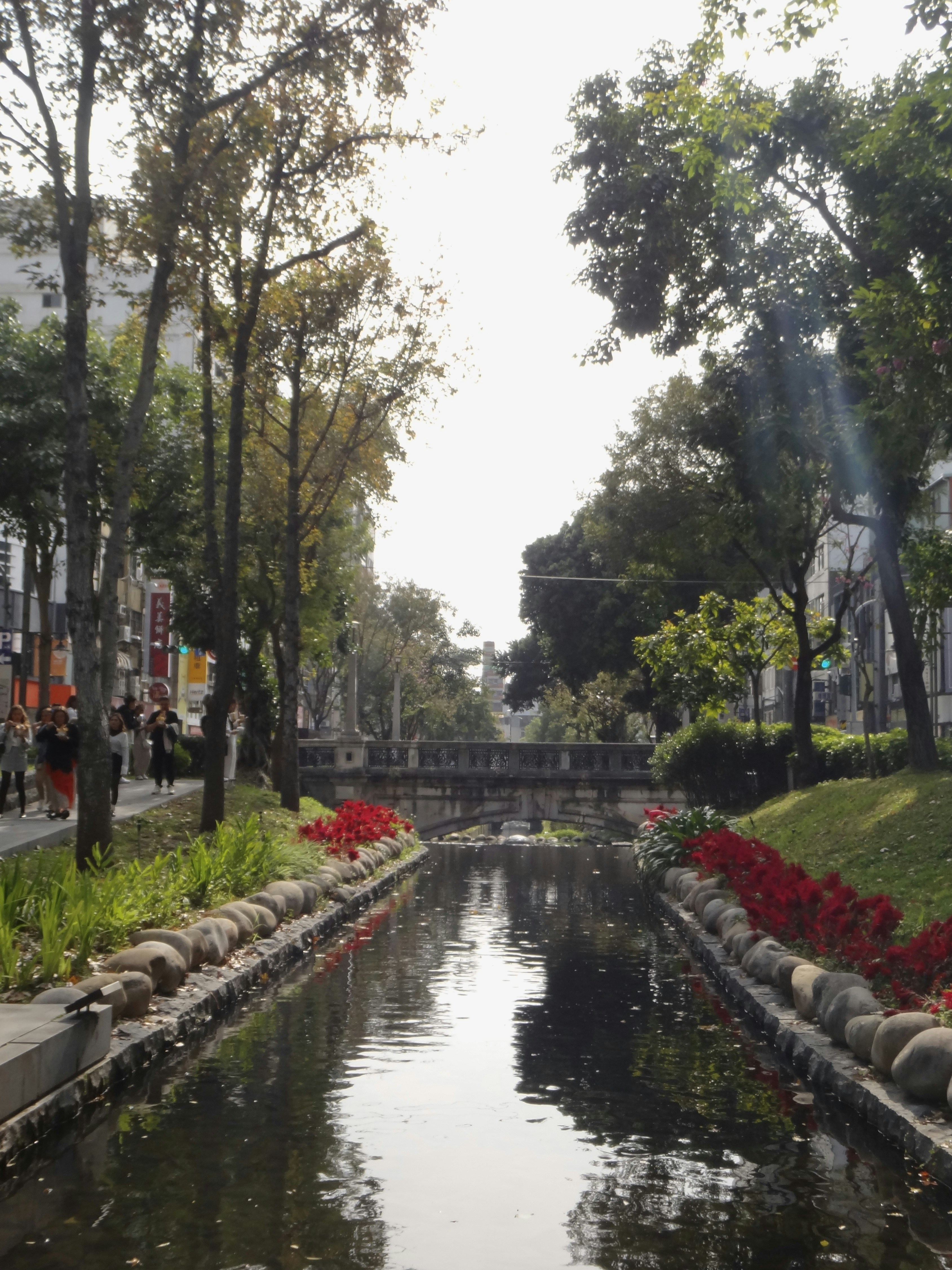 Sunlit city canal lined with trees and vibrant red blooms, leading the eye toward a distant bridge.