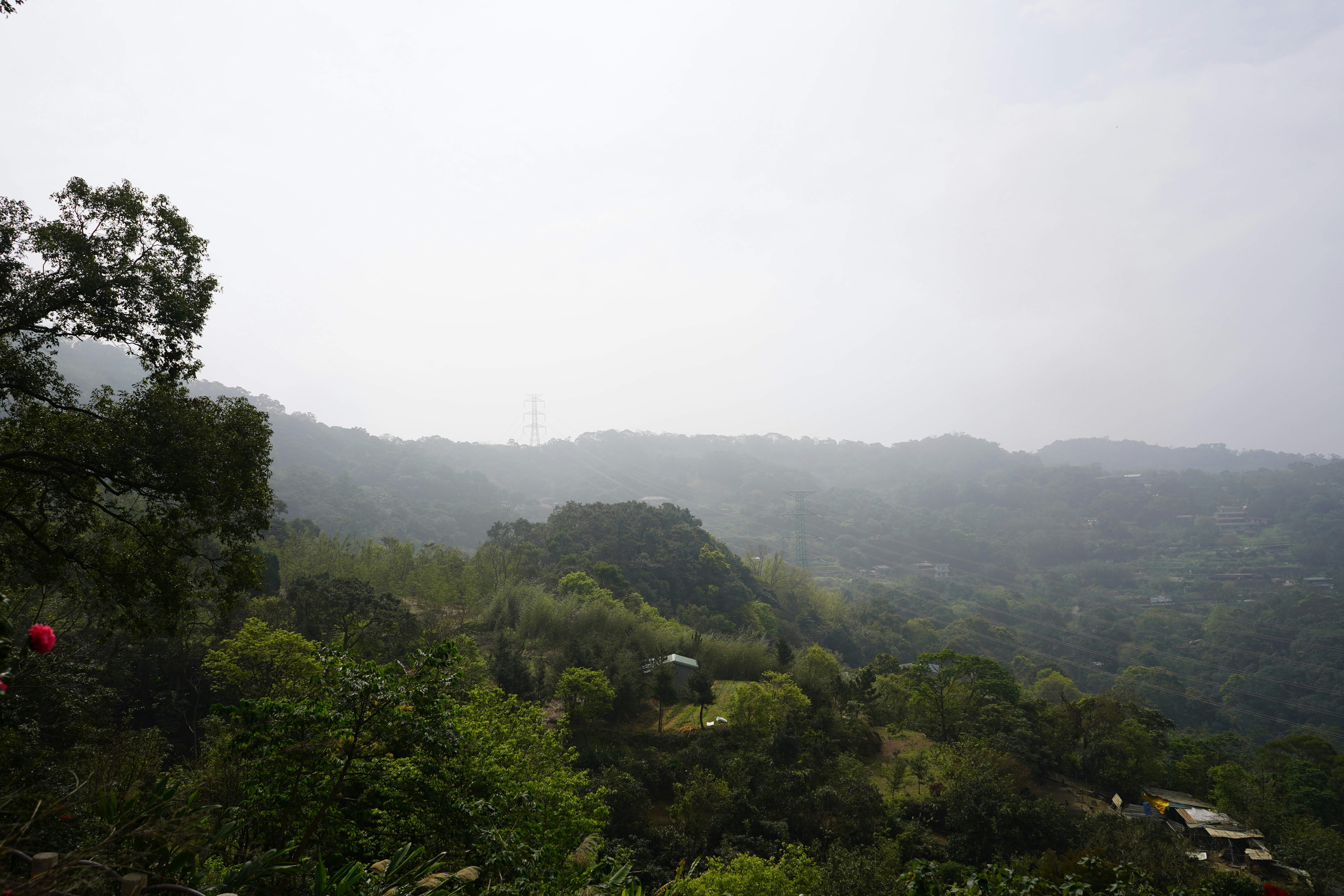 Lush green hills shrouded in mist with power lines faintly visible in the distance.