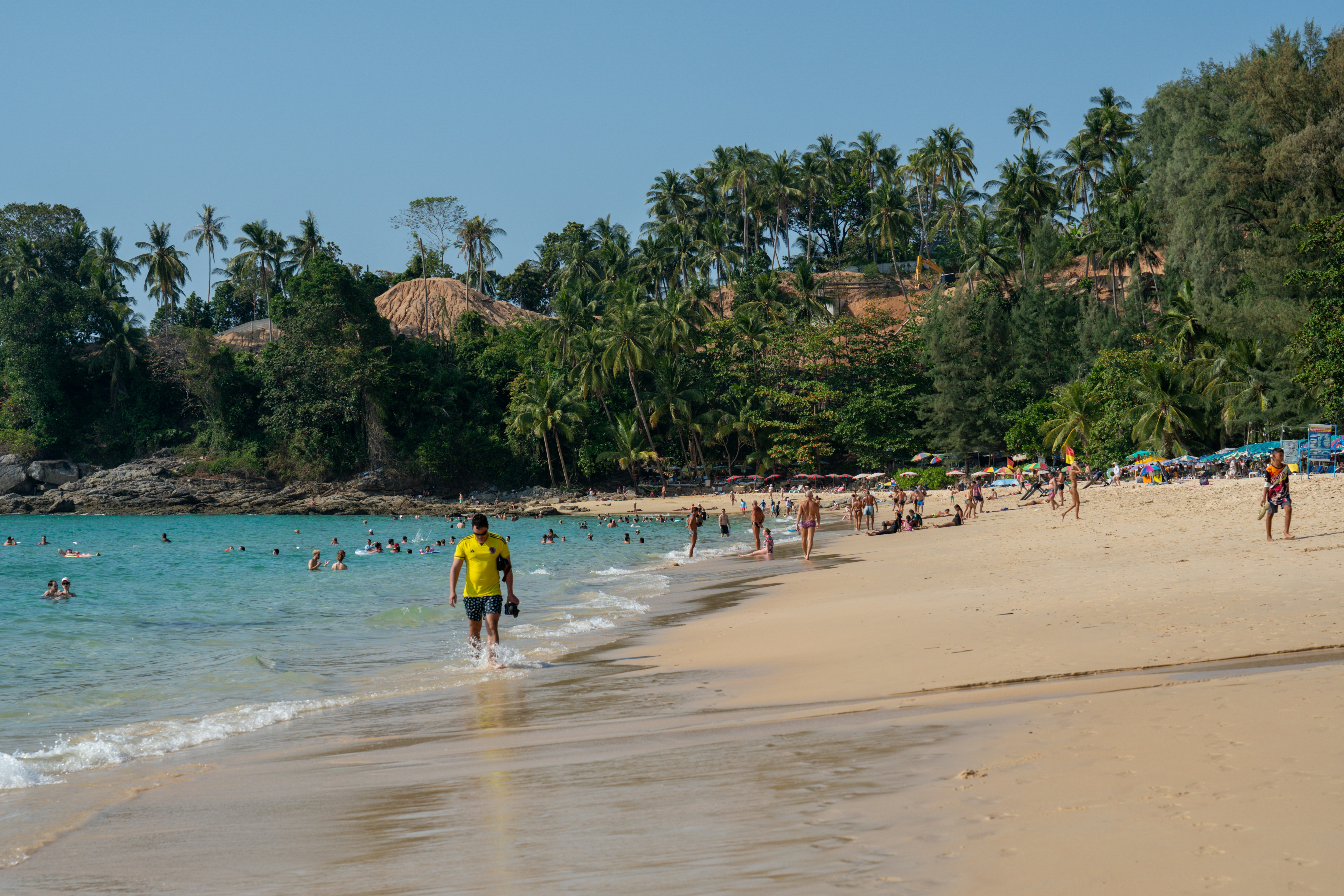 Beautiful beach scene with people and palm trees. photo – Free Beach ...