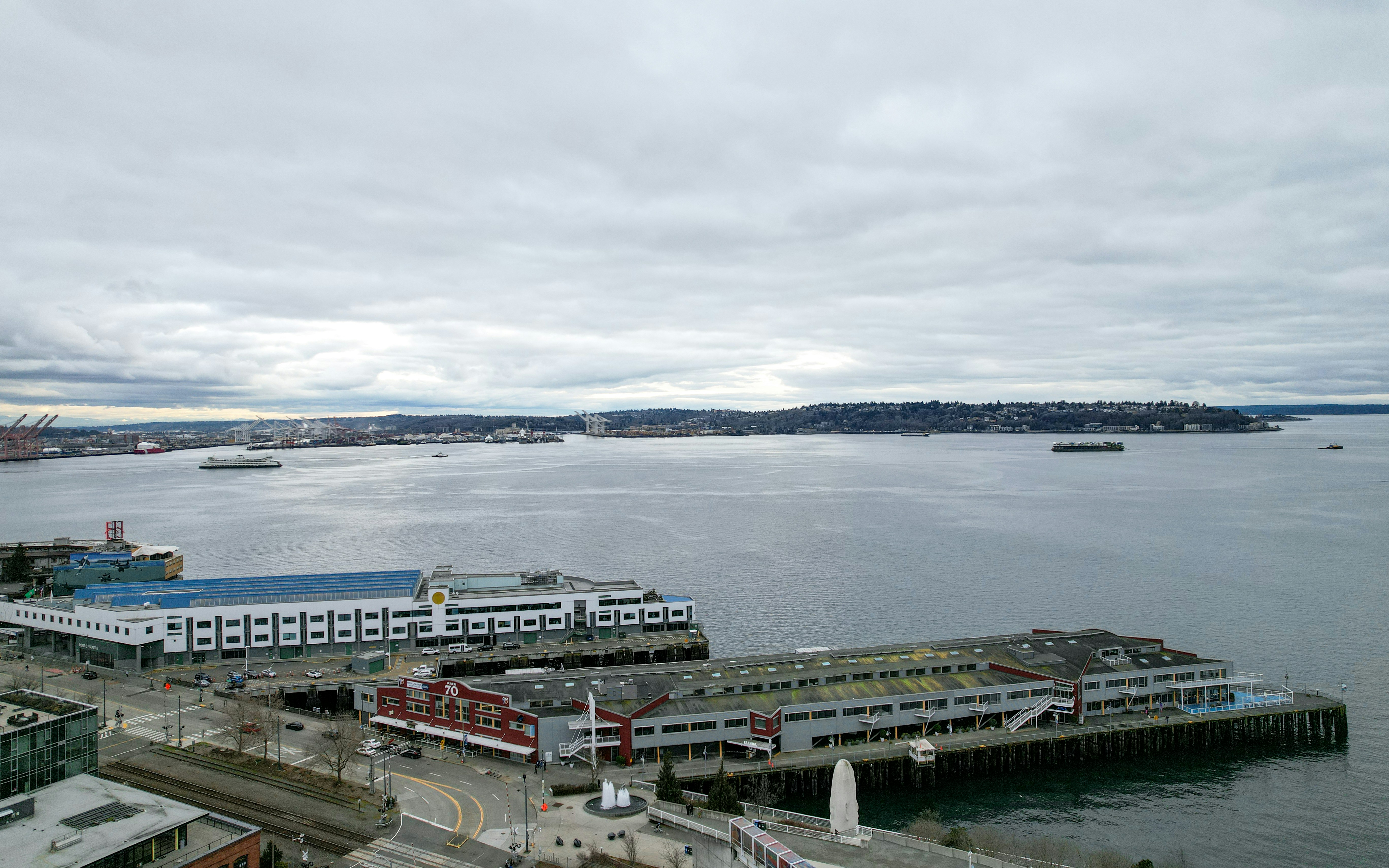 Expansive view of Seattle's waterfront and harbor under a cloudy sky.