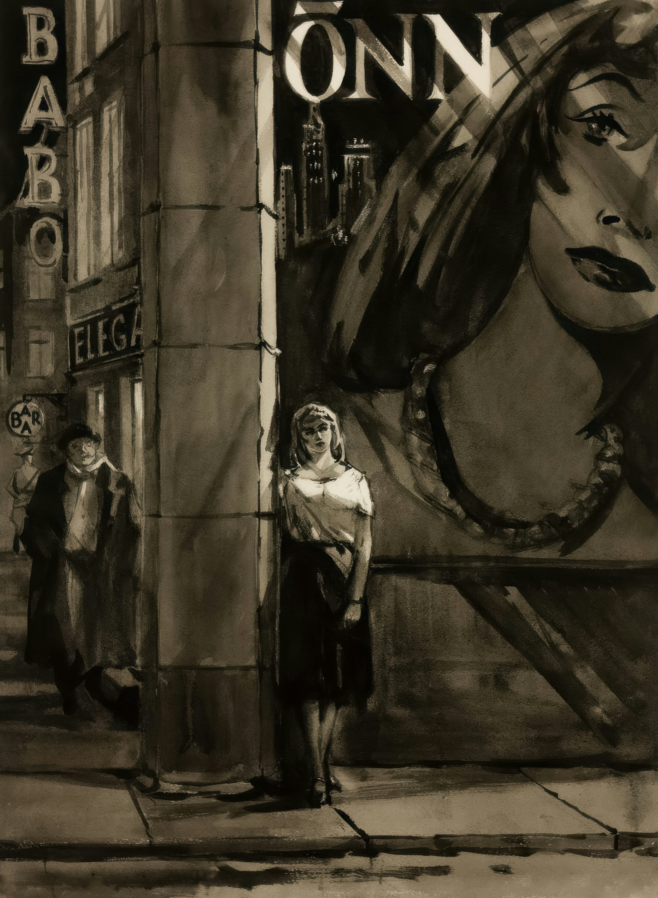 Noir Portrait at the Corner: A Woman by the Giant Billboard