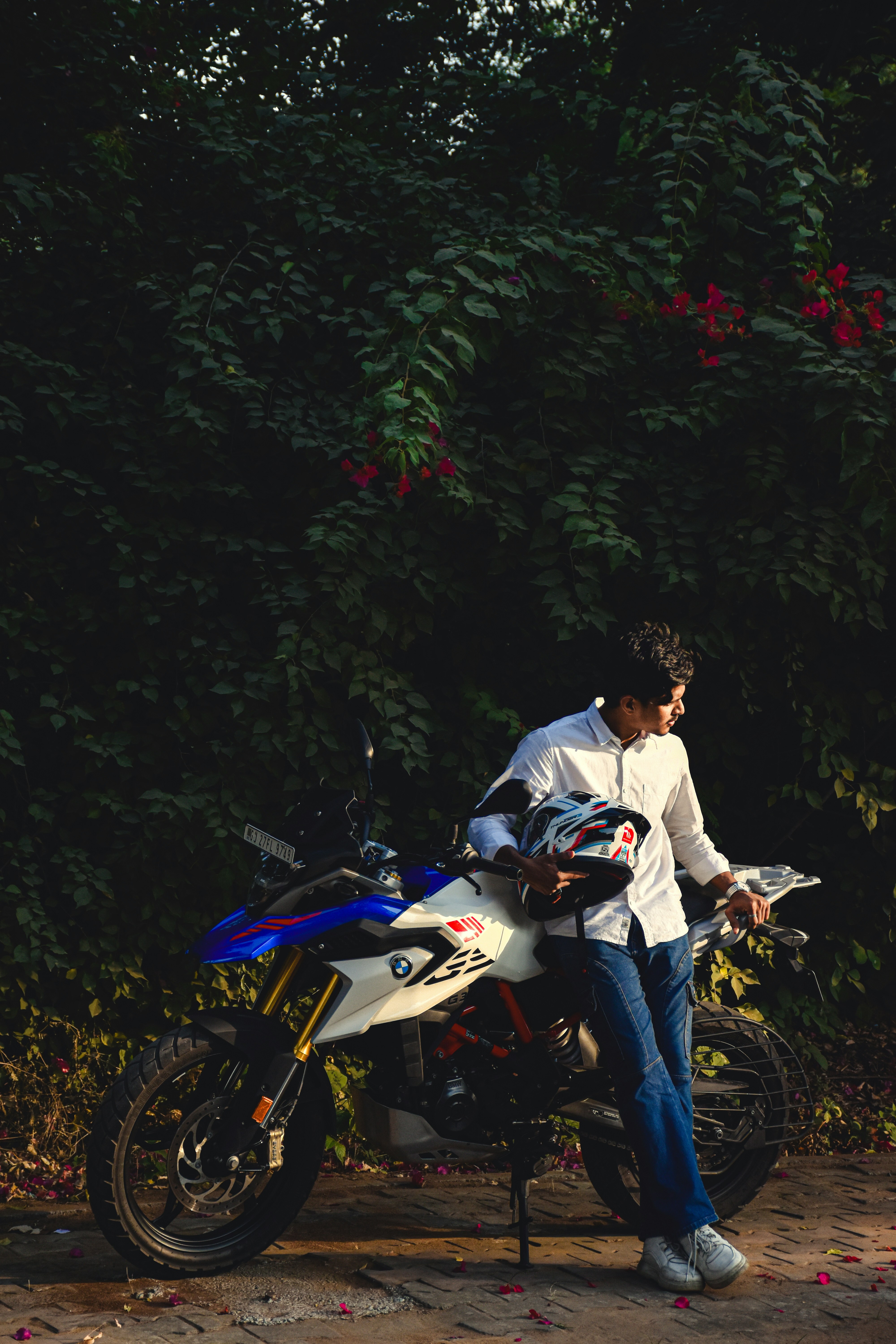 Shadowed Hedge, Blue-White Ride: a Quiet Moment with a Rider and Motorcycle