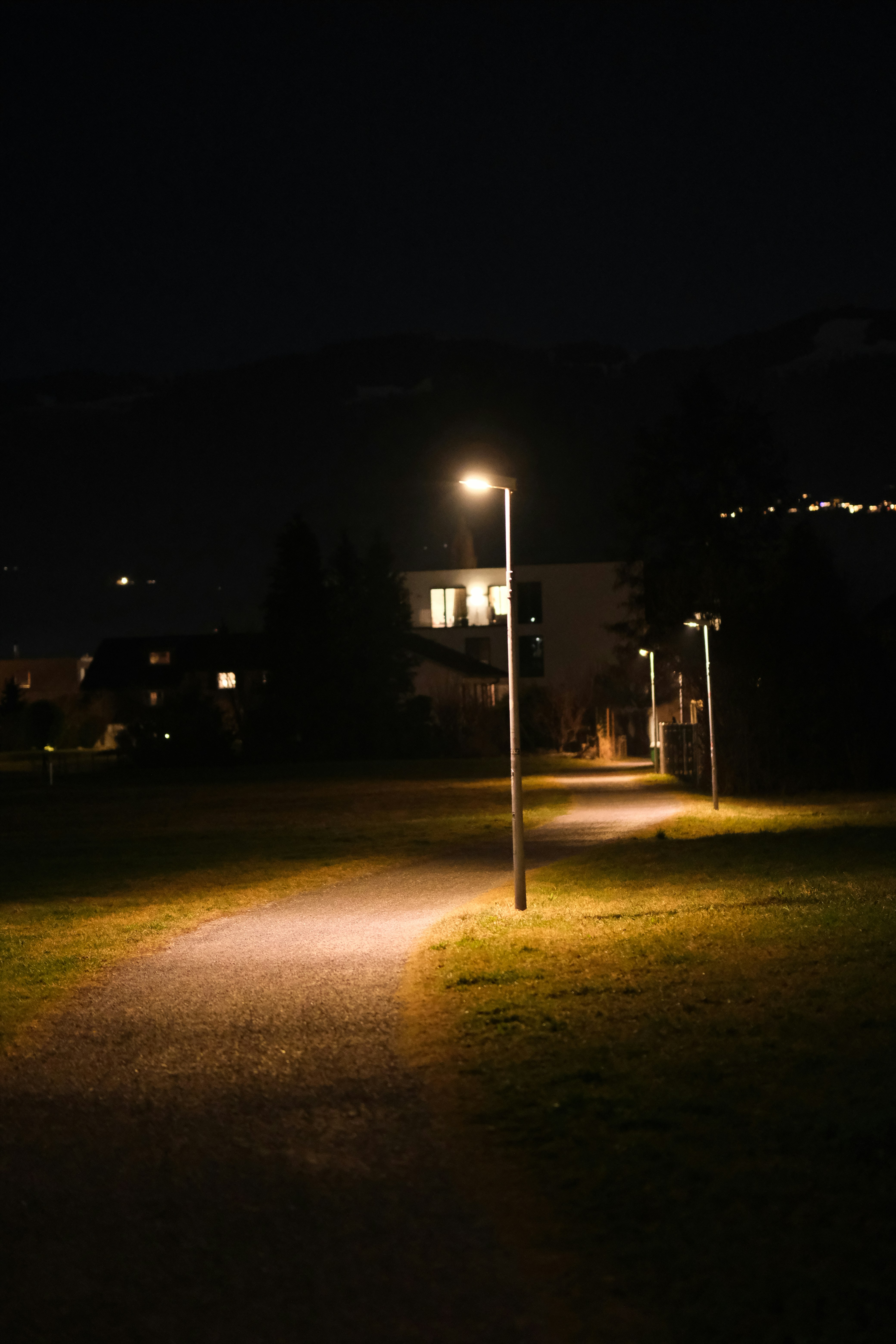 Lit streetlights guide the path through the night. photo – Free Creepy ...