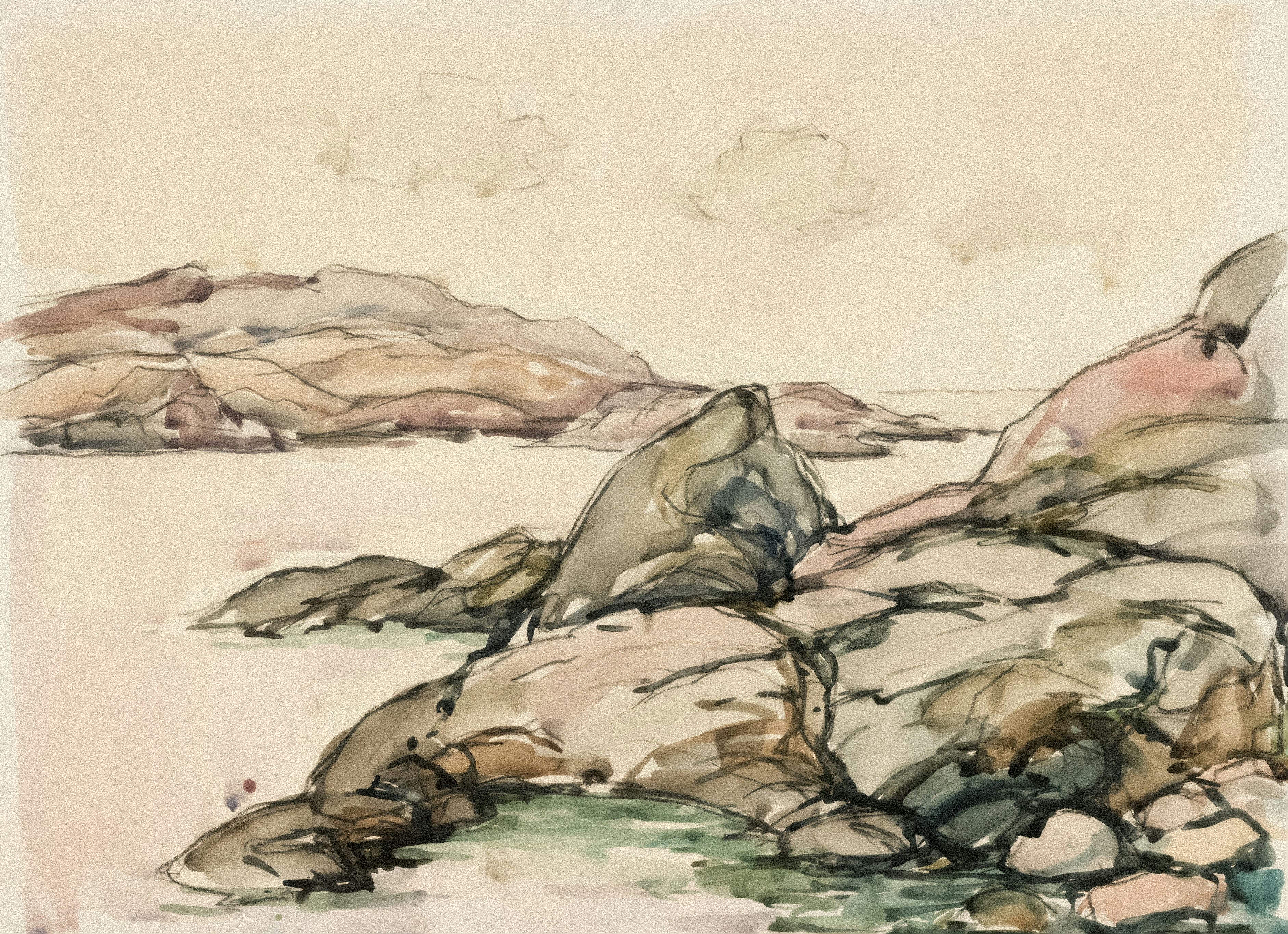 Watercolor painting of rocky coastline with distant hills under a soft sky.