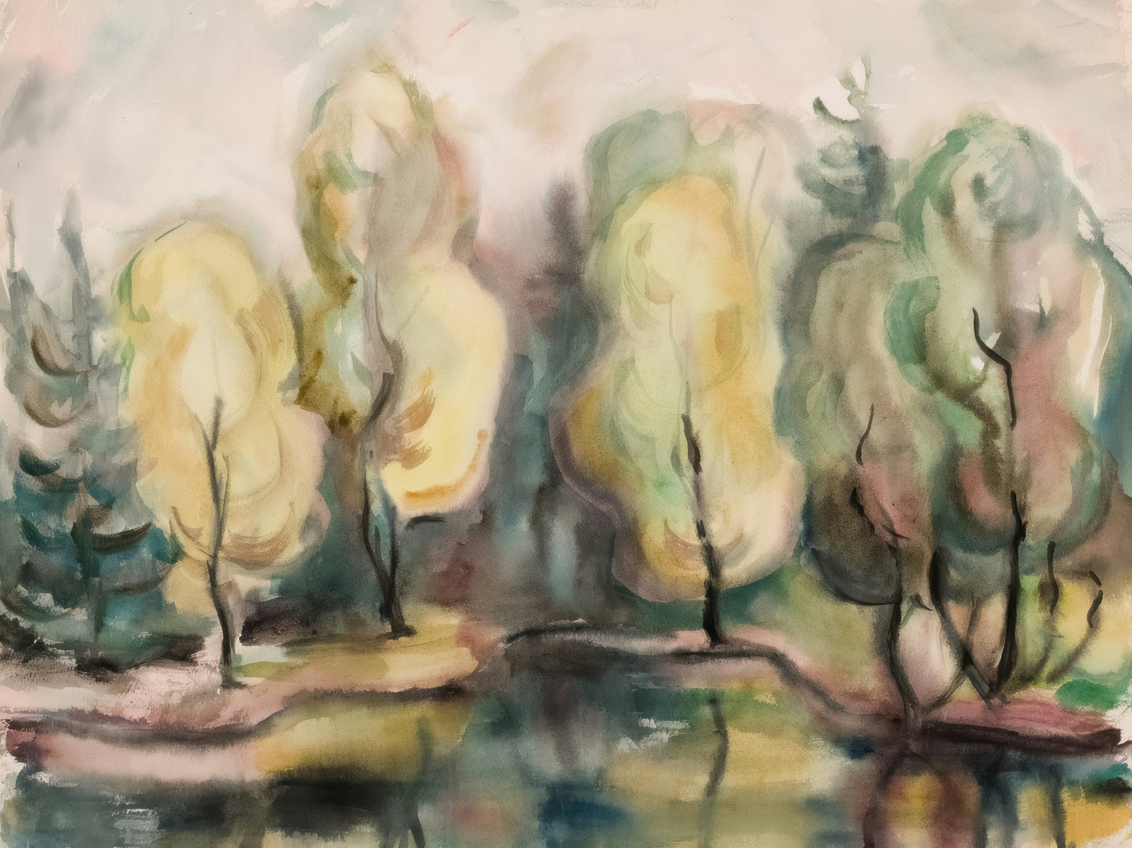 Watercolor painting of softly rendered trees reflecting in a tranquil pond.